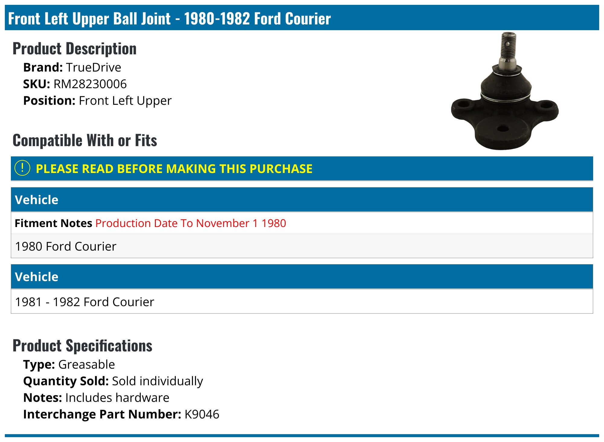 1980-1982 Ford Courier Ball Joint - TrueDrive RM28230006 - Front Left ...