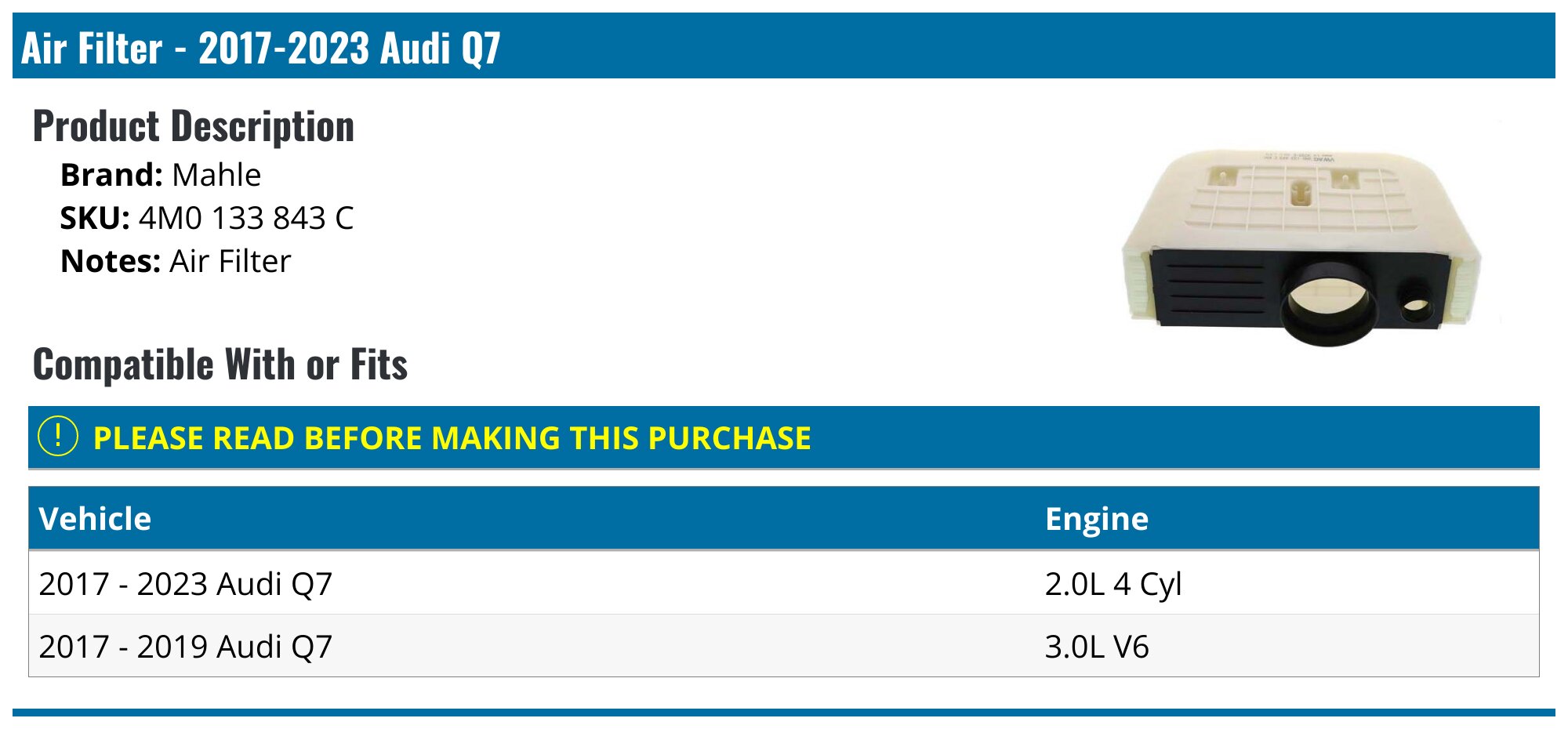 2017-2025 Audi Q7 Air Filter - Mahle 4M0 133 843 C - PartsGeek.com