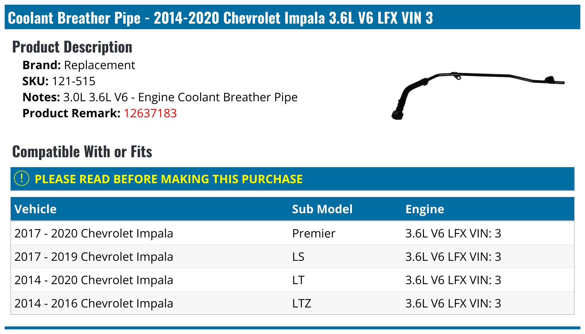 2014-2020 Chevrolet Impala Coolant Breather Pipe - Replacement 121-515 ...