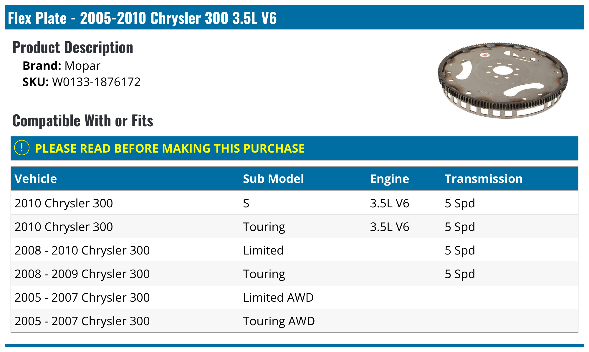 2005-2010 Chrysler 300 Flex Plate - Mopar W0133-1876172 - PartsGeek.com