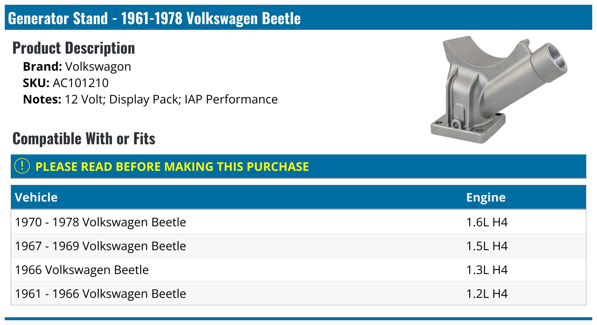 1961-1978 Volkswagen Beetle Generator Stand - Volkswagon AC101210 ...
