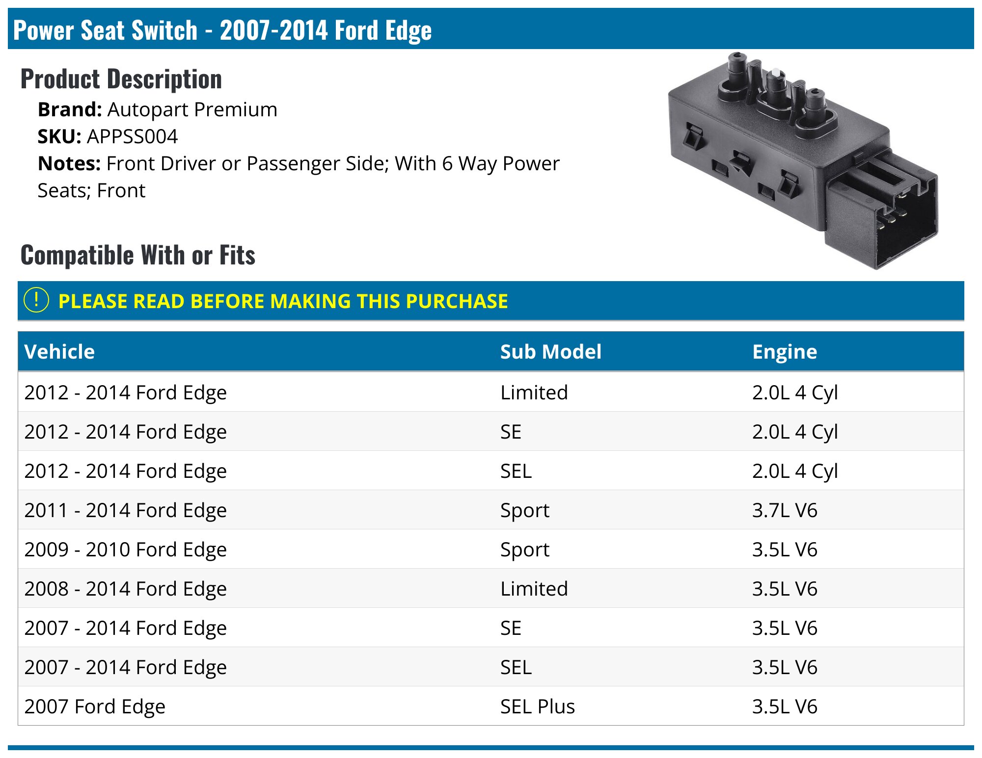 2007-2014 Ford Edge Seat Switch - Autopart Premium APPSS004 - PartsGeek.com