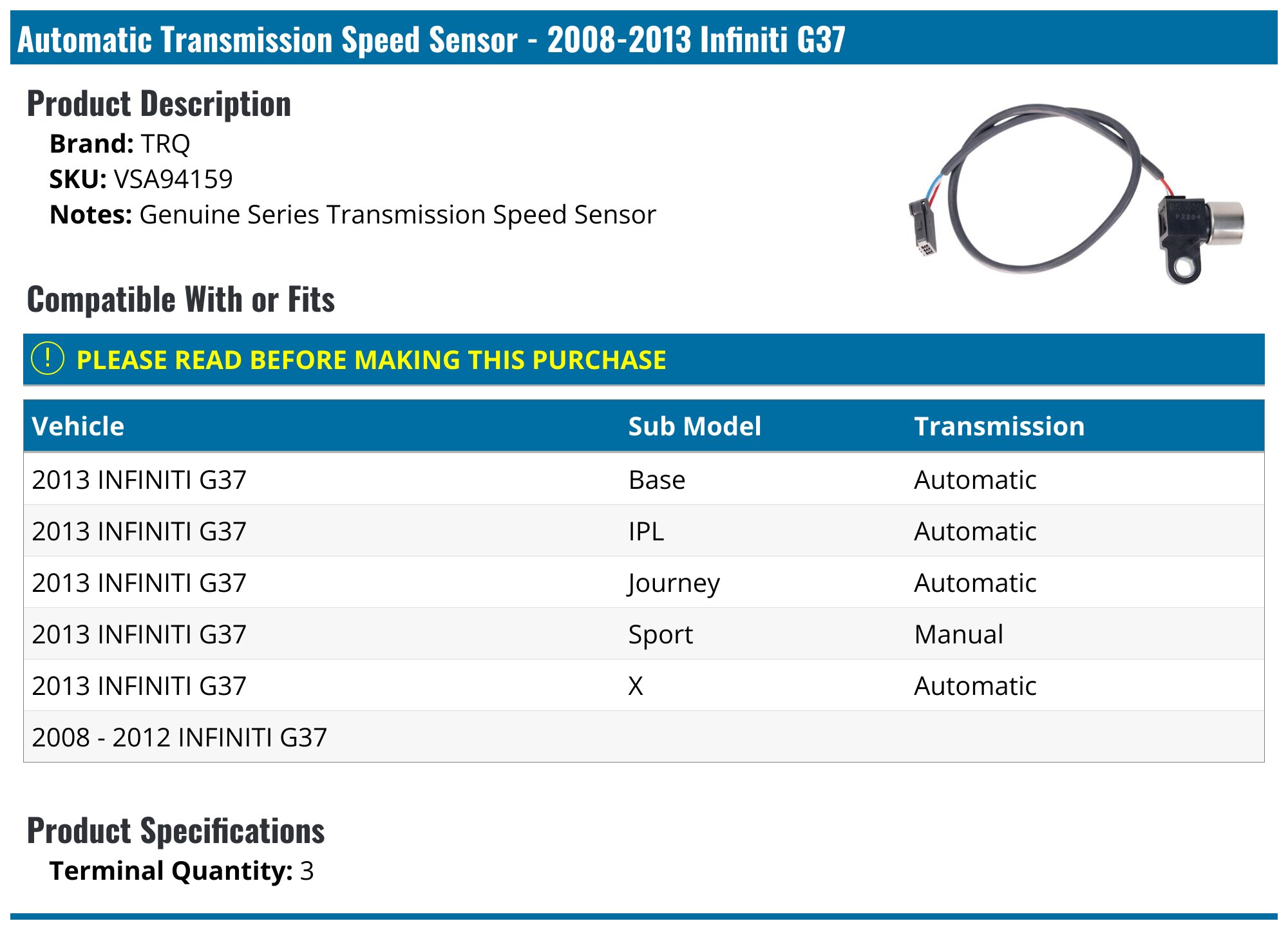 2008-2013 Infiniti G37 Automatic Transmission Speed Sensor - TRQ ...