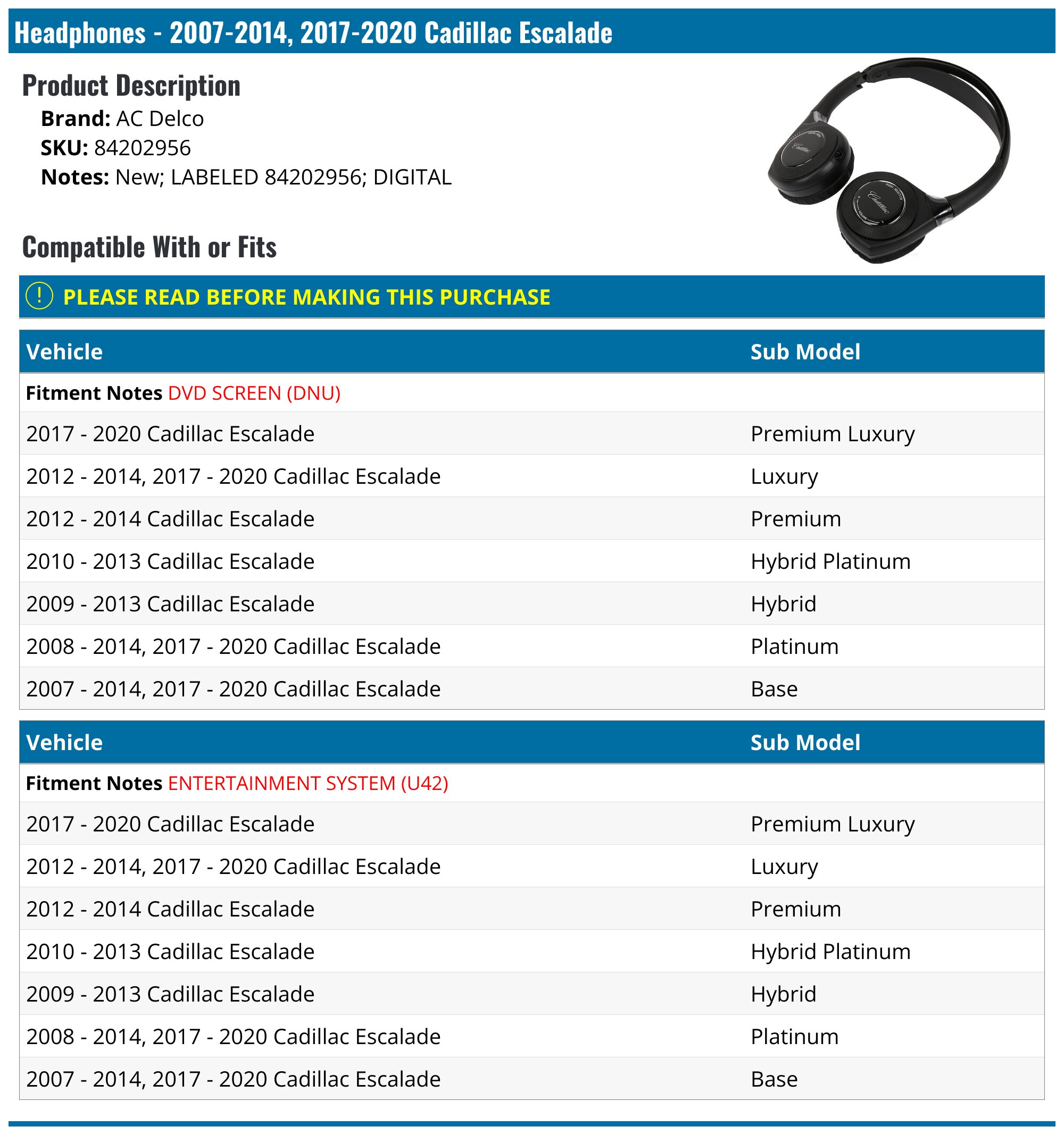 2007-2014, 2017-2020 Cadillac Escalade Headphones - AC Delco 84202956 ...
