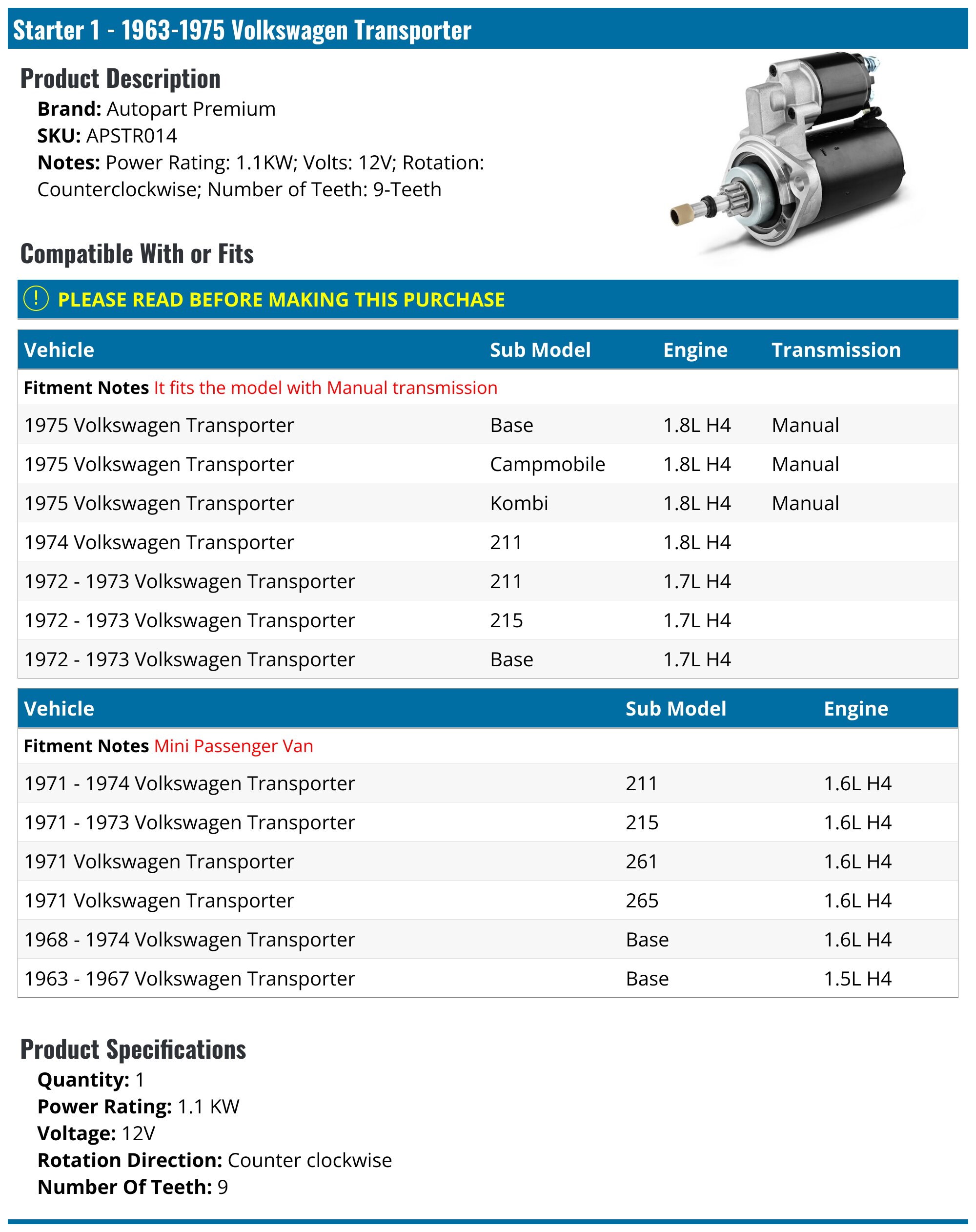 1963-1975 Volkswagen Transporter Starter - Autopart Premium APSTR014 ...