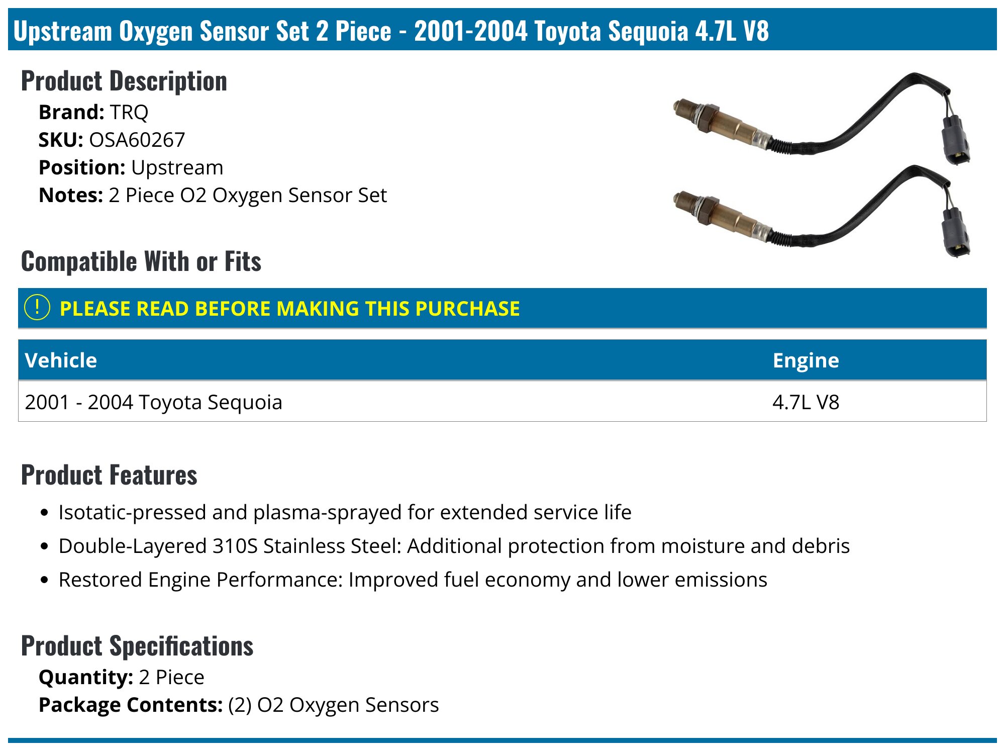 2001-2004 Toyota Sequoia Oxygen Sensor - TRQ OSA60267 - Upstream ...