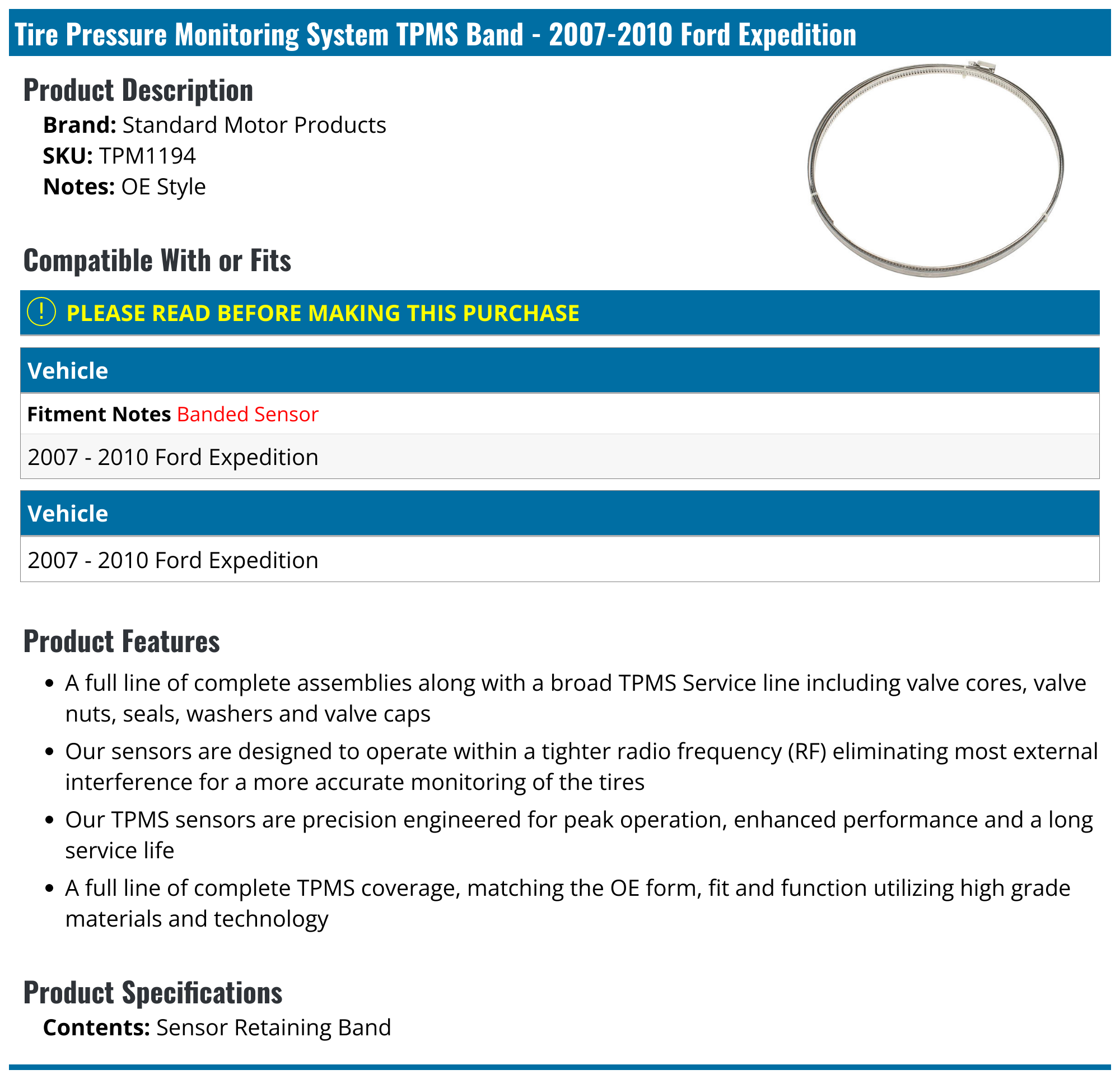2007-2010 Ford Expedition Tire Pressure Monitoring Sensor - Standard ...