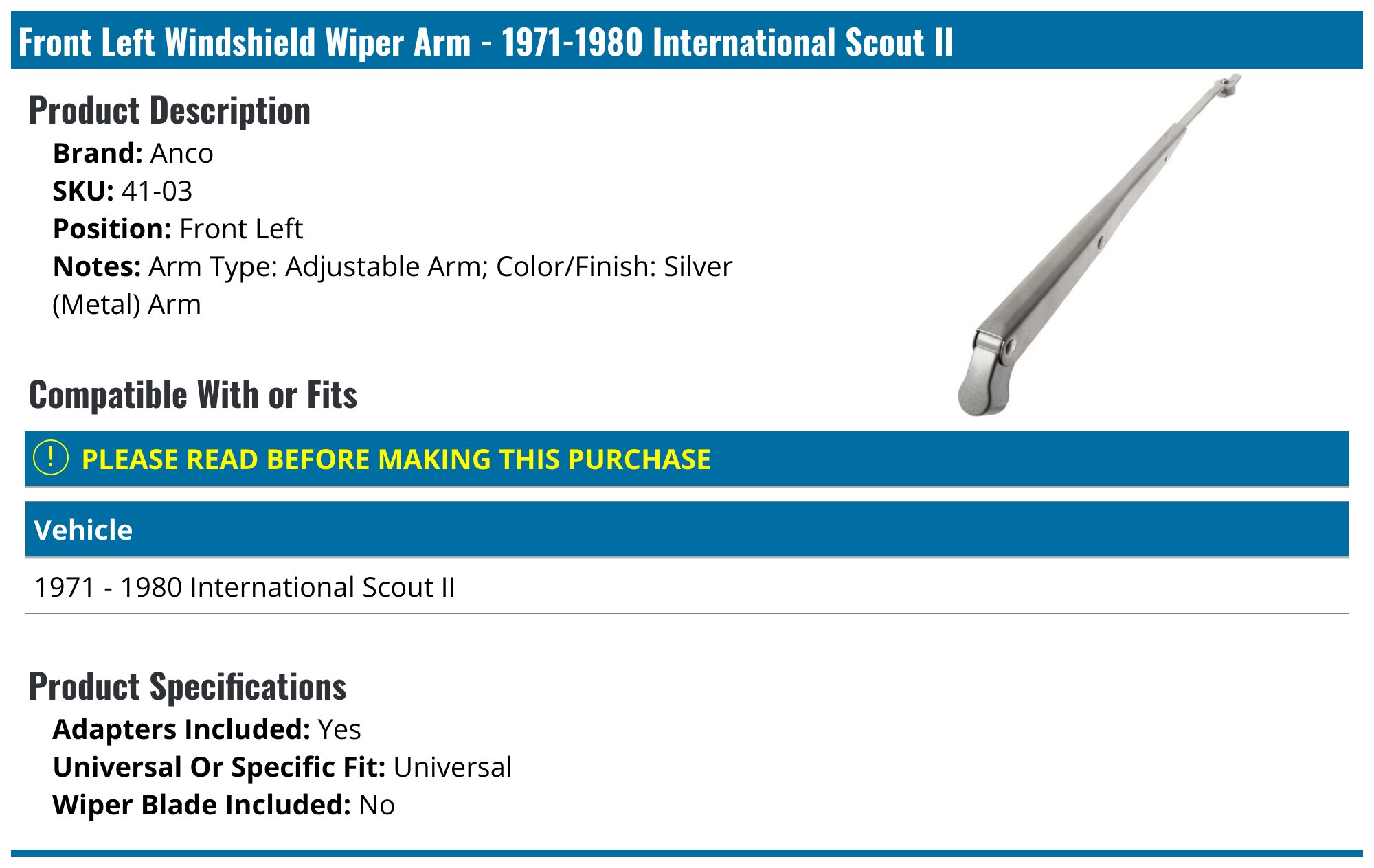 1971-1980 International Scout II Windshield Wiper Arm - Anco 41-03 ...