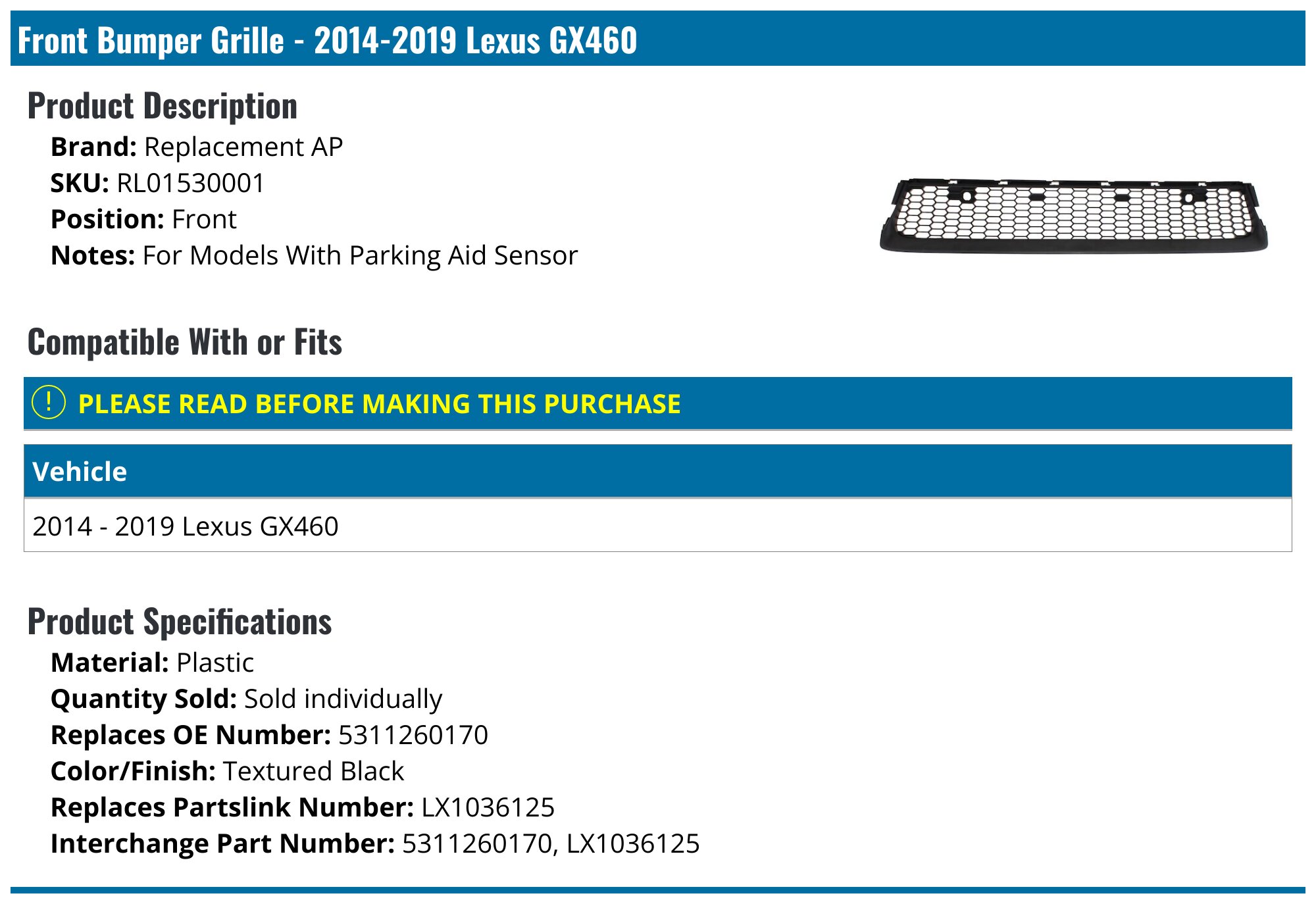 2014-2019 Lexus GX460 Grille Assembly - Replacement AP RL01530001 ...