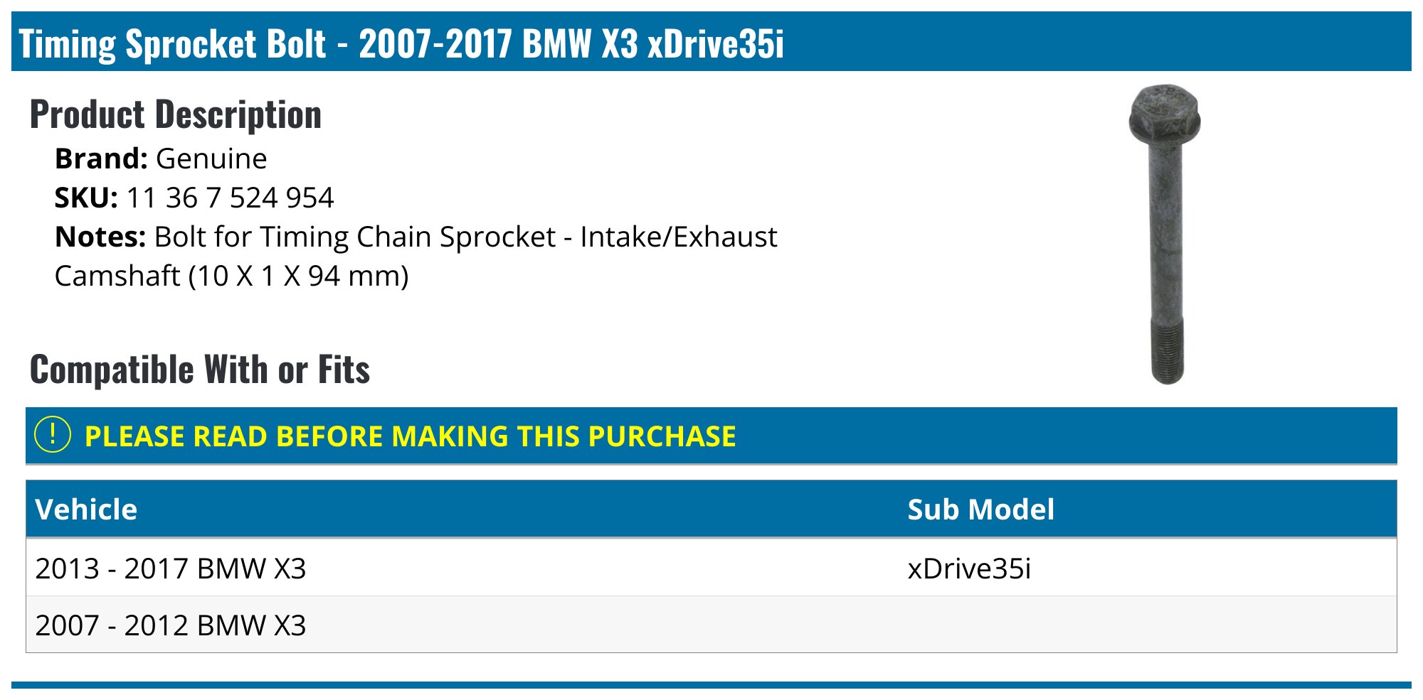 2007-2017 BMW X3 Timing Sprocket Bolt - Genuine 11 36 7 524 954 ...
