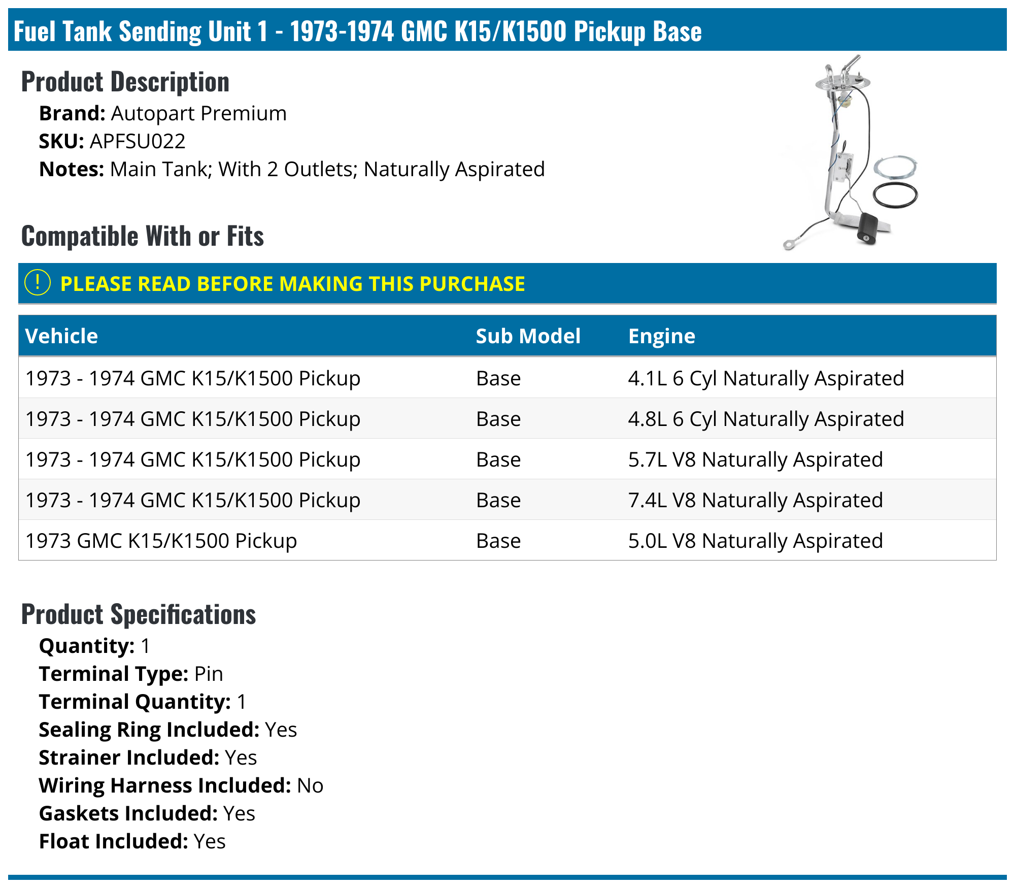 1973-1974 GMC K15/K1500 Pickup Fuel Tank Sending Unit - Autopart ...