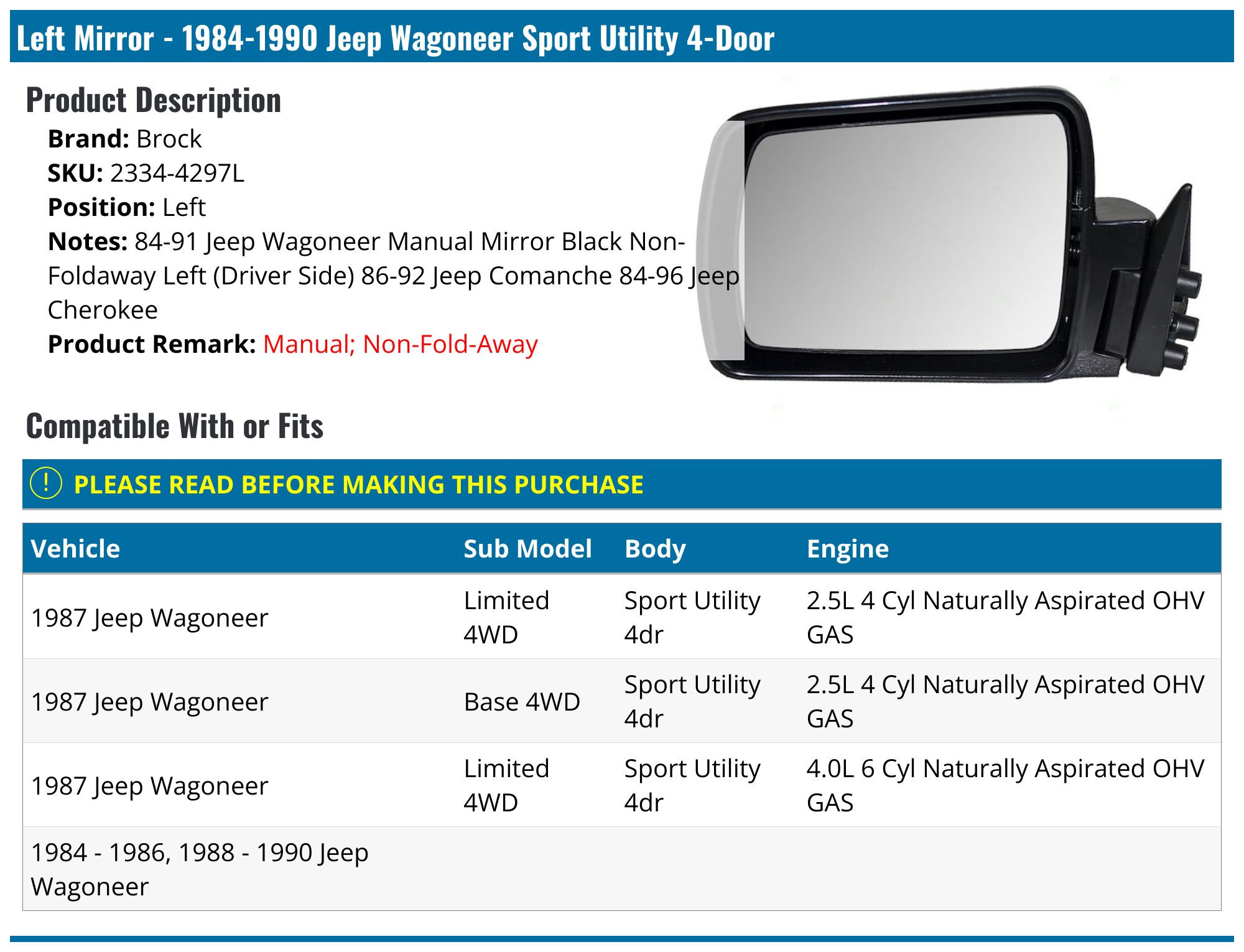 1984-1990 Jeep Wagoneer Mirror - Brock 2334-4297L - Left - PartsGeek.com