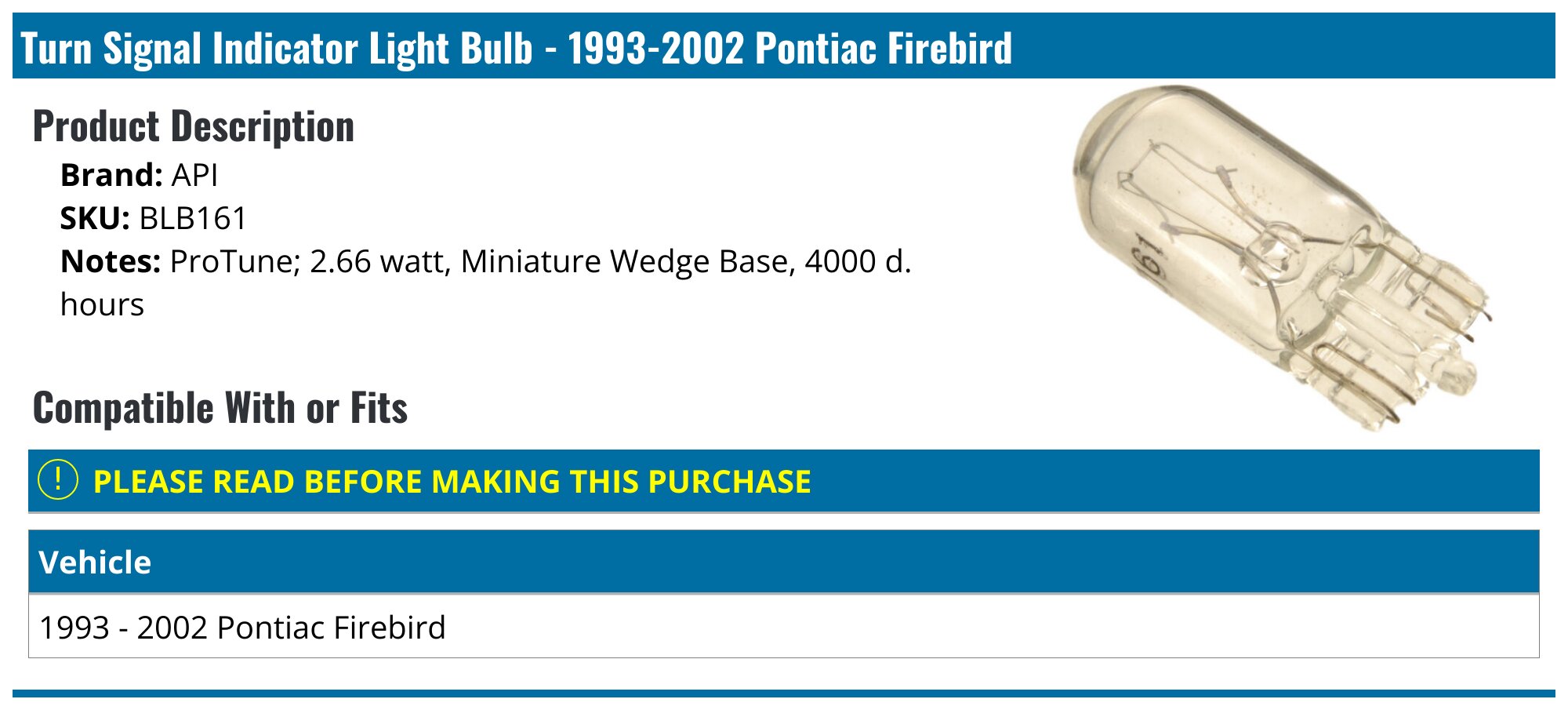 1993-2002 Pontiac Firebird Turn Signal Indicator Light Bulb - API 4670 ...