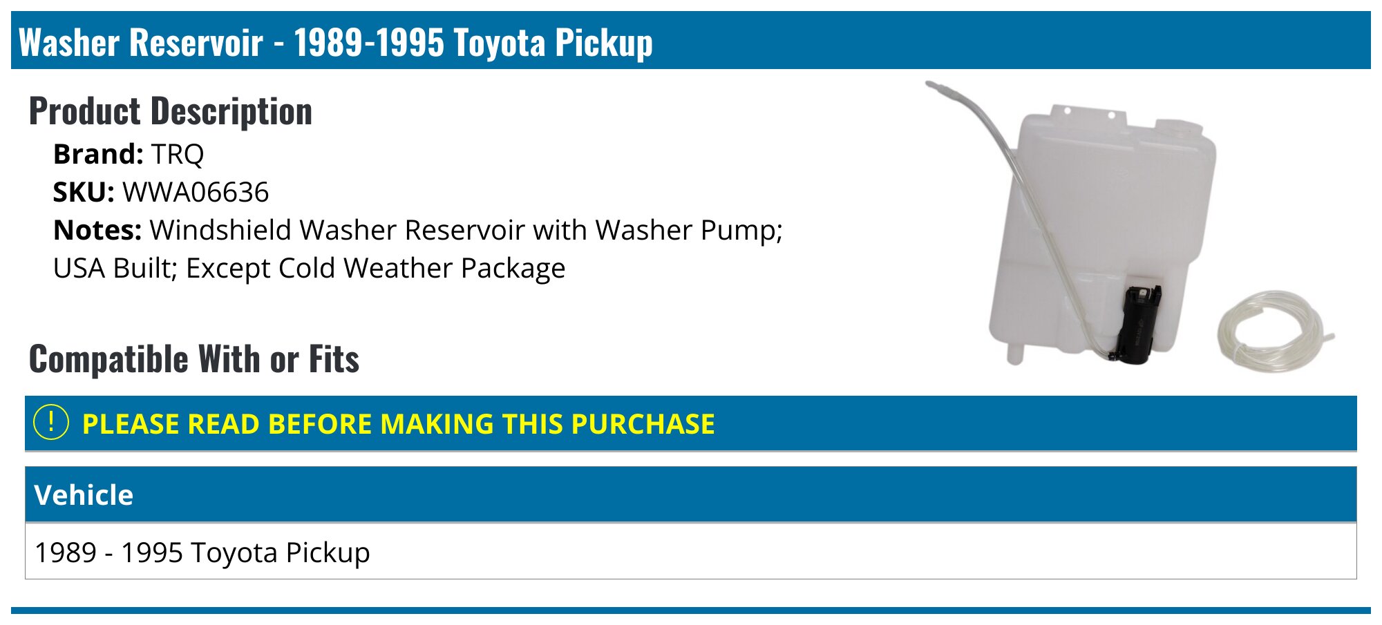 1984-1989 Toyota Pickup Windshield Washer Tank - TRQ WWA06636 ...