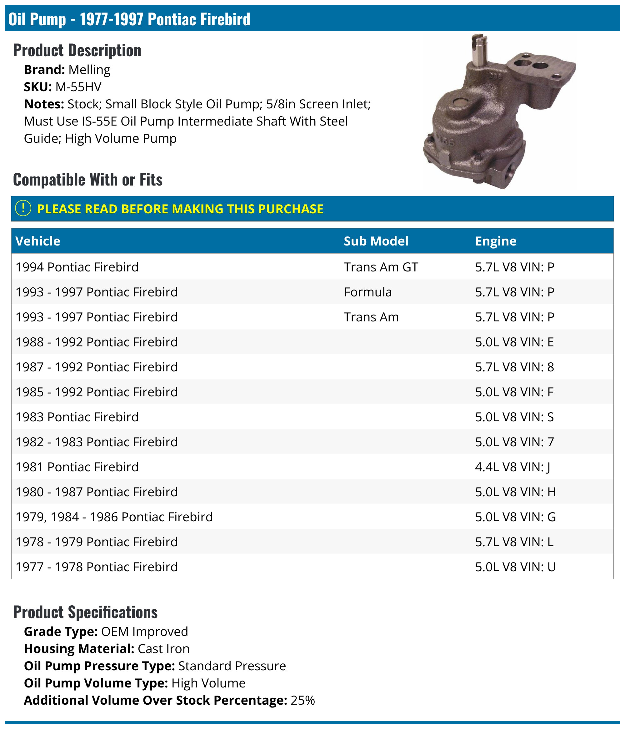 1977-1997 Pontiac Firebird Oil Pump - Melling M-55HV - - PartsGeek.com