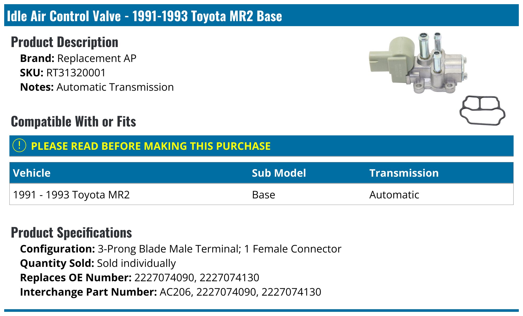 1991 1993 Toyota Mr2 Idle Control Valve Replacement Ap Rt31320001