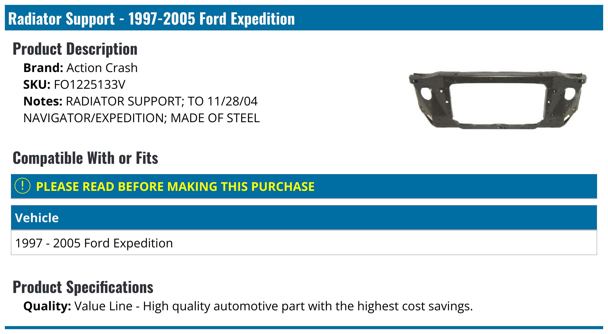 1997-2005 Ford Expedition Radiator Support - Action Crash FO1225133V ...