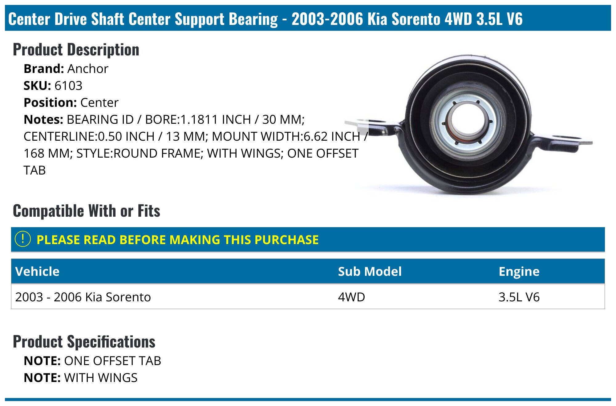 2003-2006 Kia Sorento Drive Shaft Center Support Bearing - Anchor 6103 ...