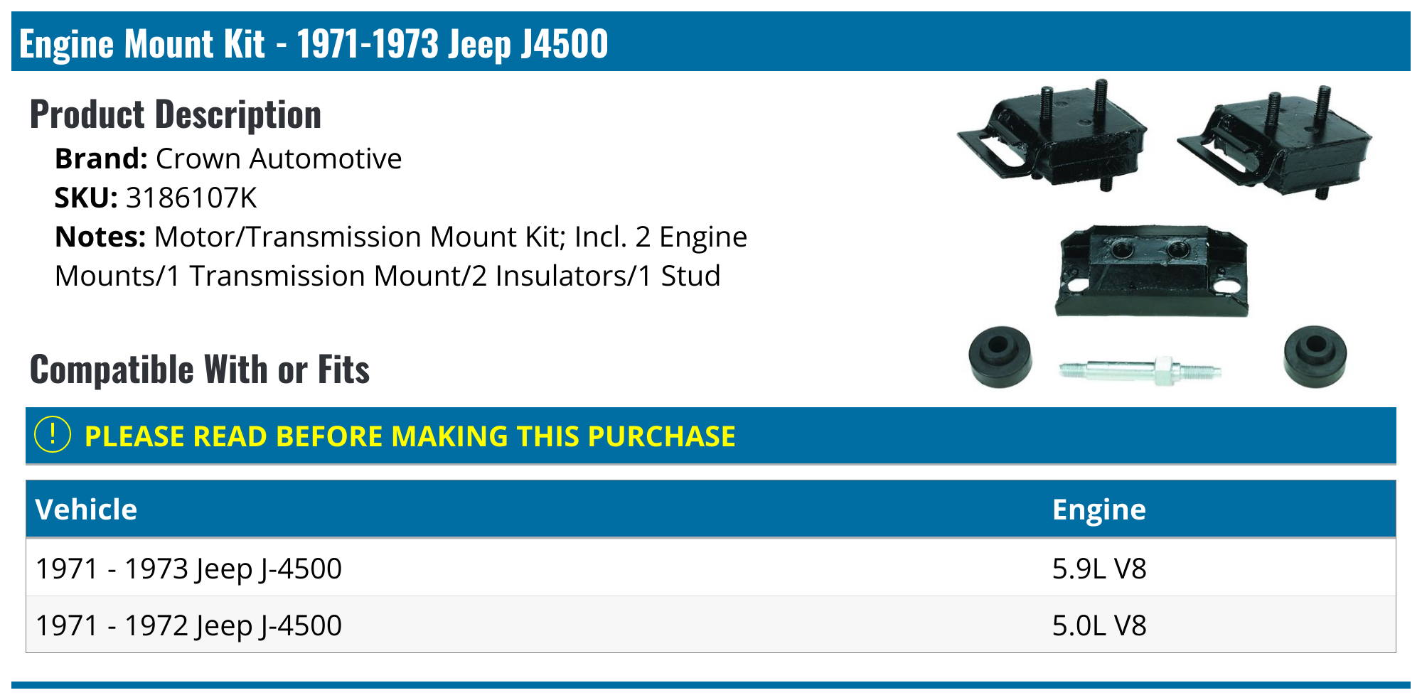 1971-1973 Jeep J4500 Engine Mount - Crown Automotive 3186107K ...