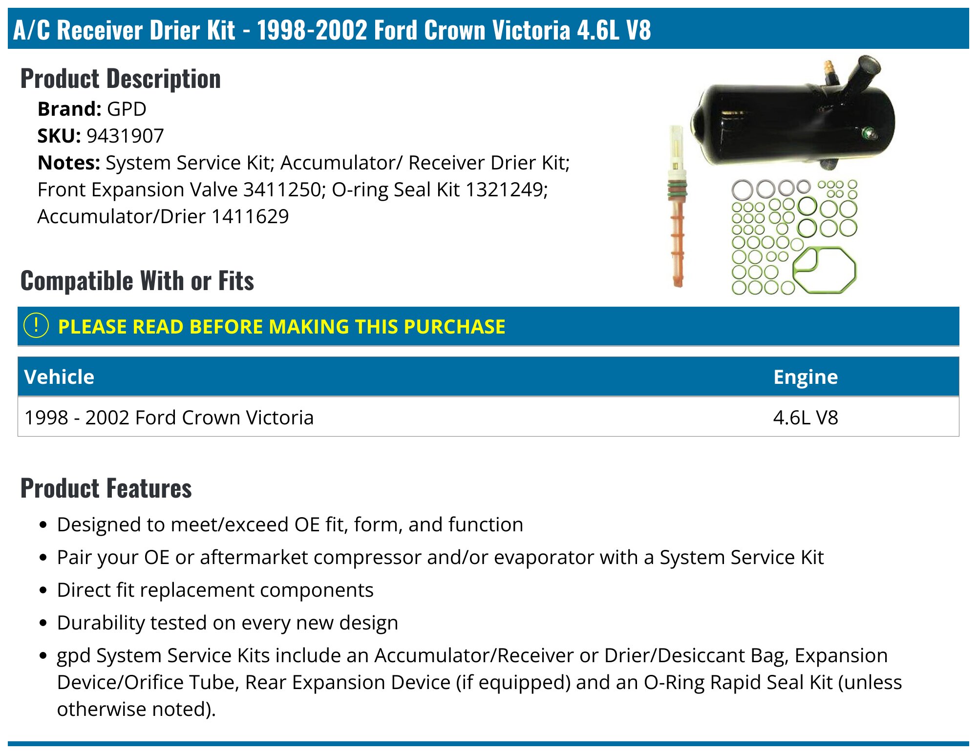 1998-2002 Ford Crown Victoria A/C Receiver Drier - GPD 9431907 ...