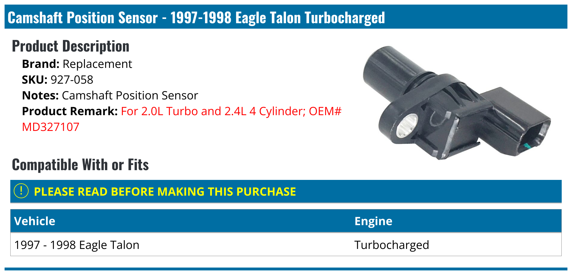 1997-1998 Eagle Talon Camshaft Position Sensor - Replacement 927-058 ...