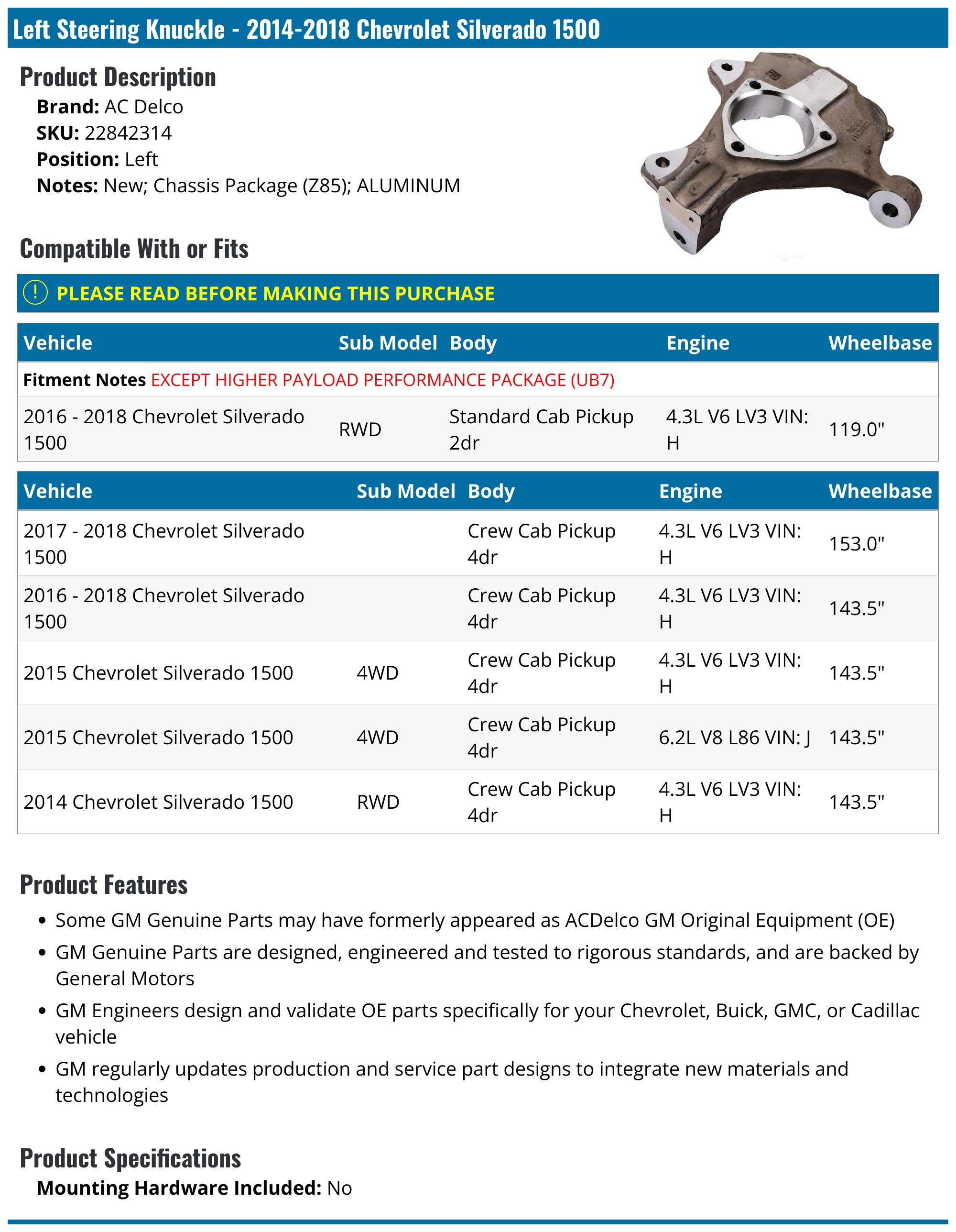 2014-2018 Chevrolet Silverado 1500 Steering Knuckle - AC Delco 22842314 ...