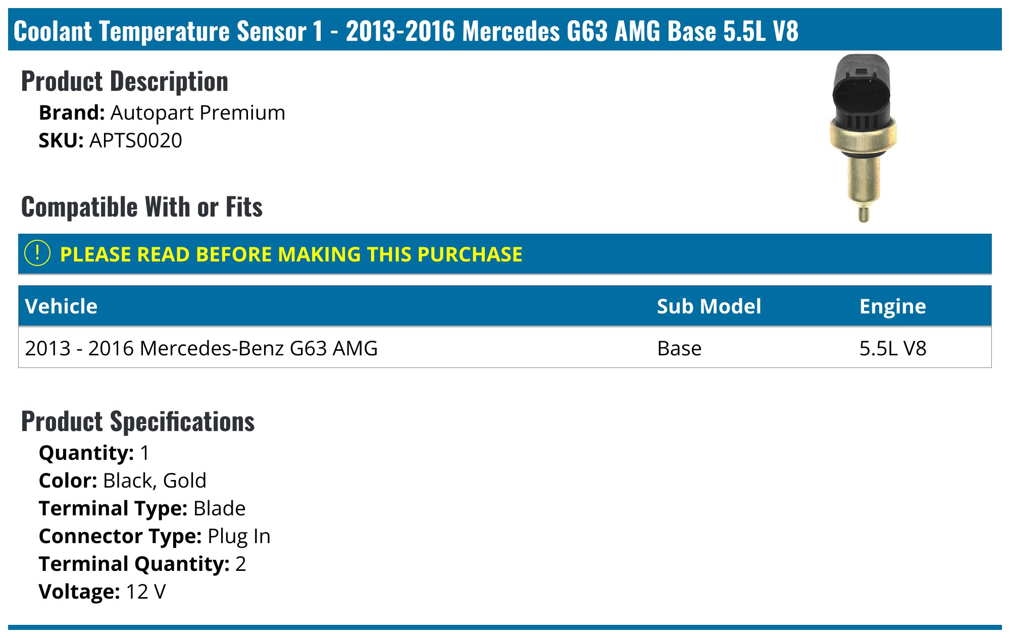 2013-2016 Mercedes G63 AMG Engine Coolant Temperature Sensor - Autopart ...