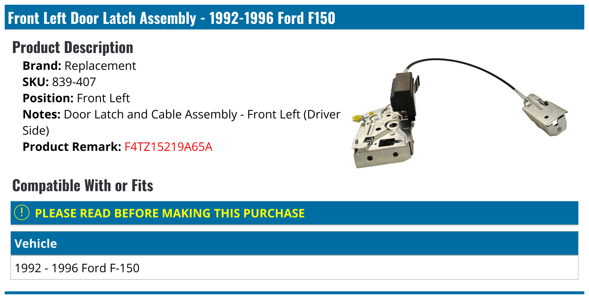 1992-1996 Ford F150 Door Latch Assembly - Replacement 839-407 - Front ...