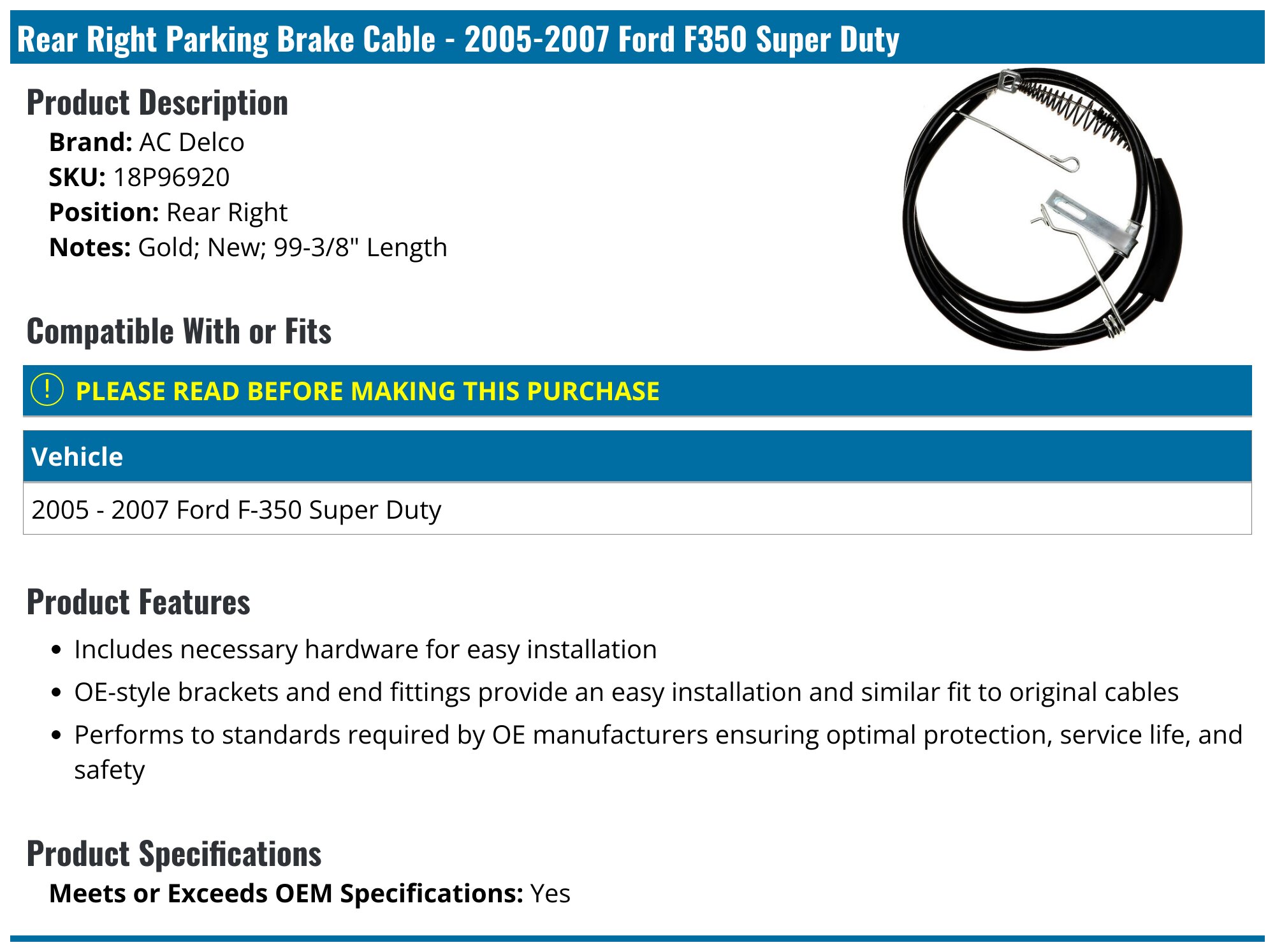 2005-2007 Ford F350 Super Duty Parking Brake Cable - AC Delco 18P96920 ...