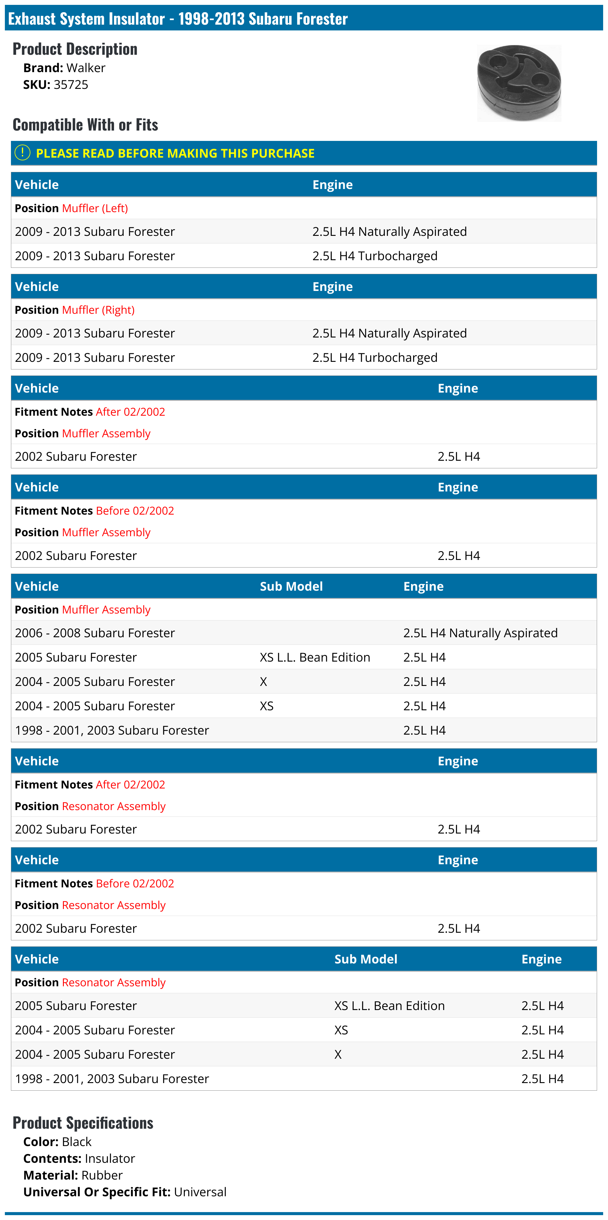1998-2013 Subaru Forester Exhaust System Insulator - Walker 35725 ...