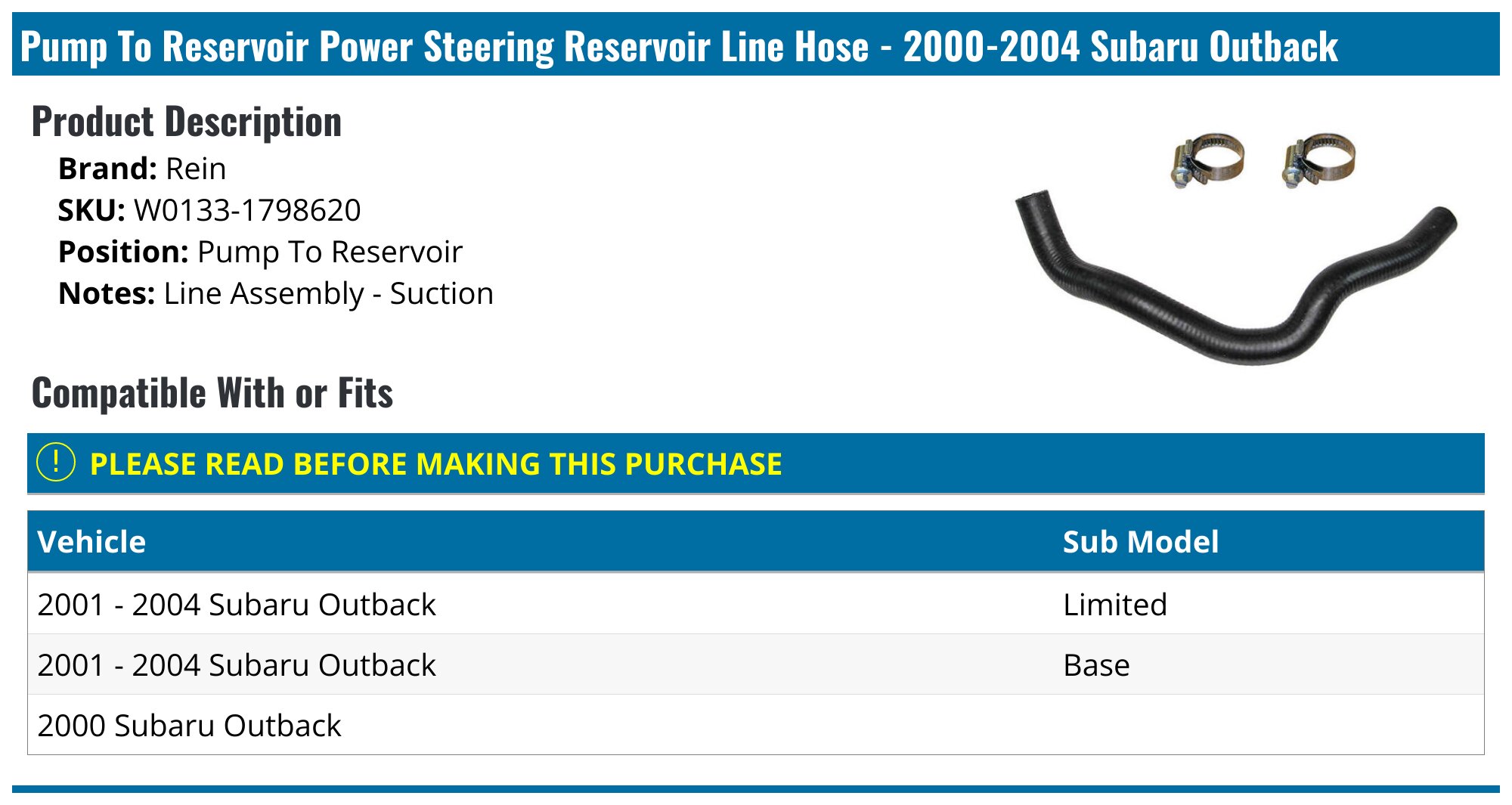 2000-2004 Subaru Outback Power Steering Hose - Rein W0133-1798620 ...