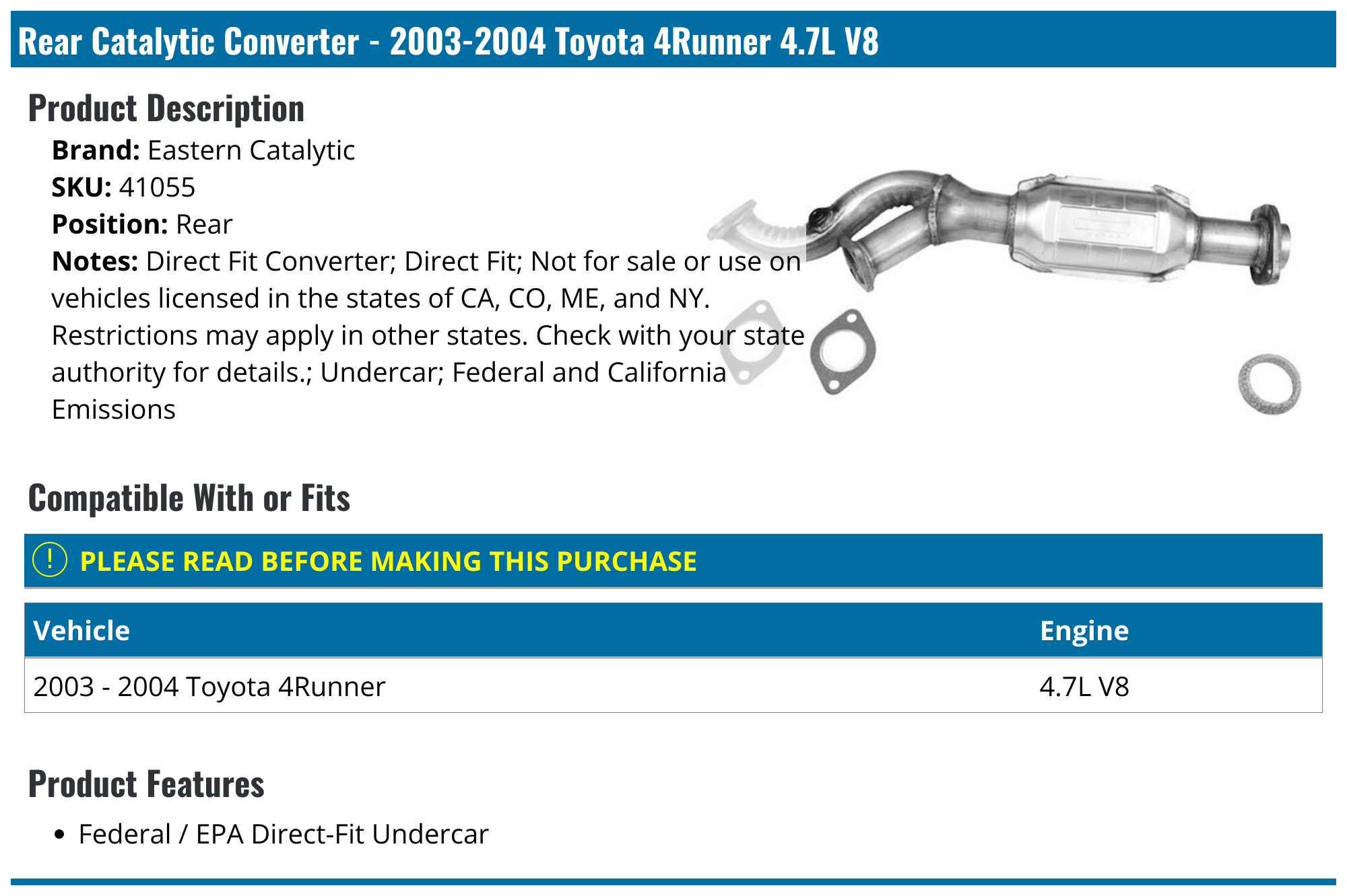 2003-2004 Toyota 4Runner Catalytic Converter - Eastern Catalytic 41055 ...