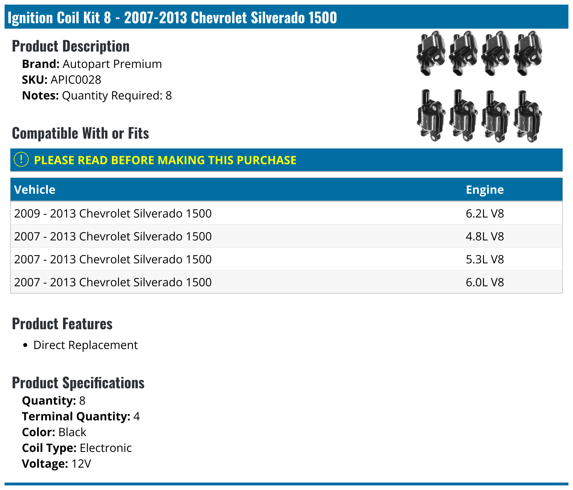 2007-2013 Chevrolet Silverado 1500 Ignition Coil - Autopart Premium ...