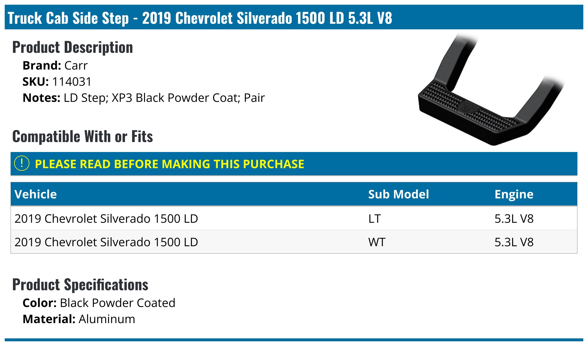 2019 Chevrolet Silverado 1500 LD Truck Cab Side Step - Carr 114031 ...