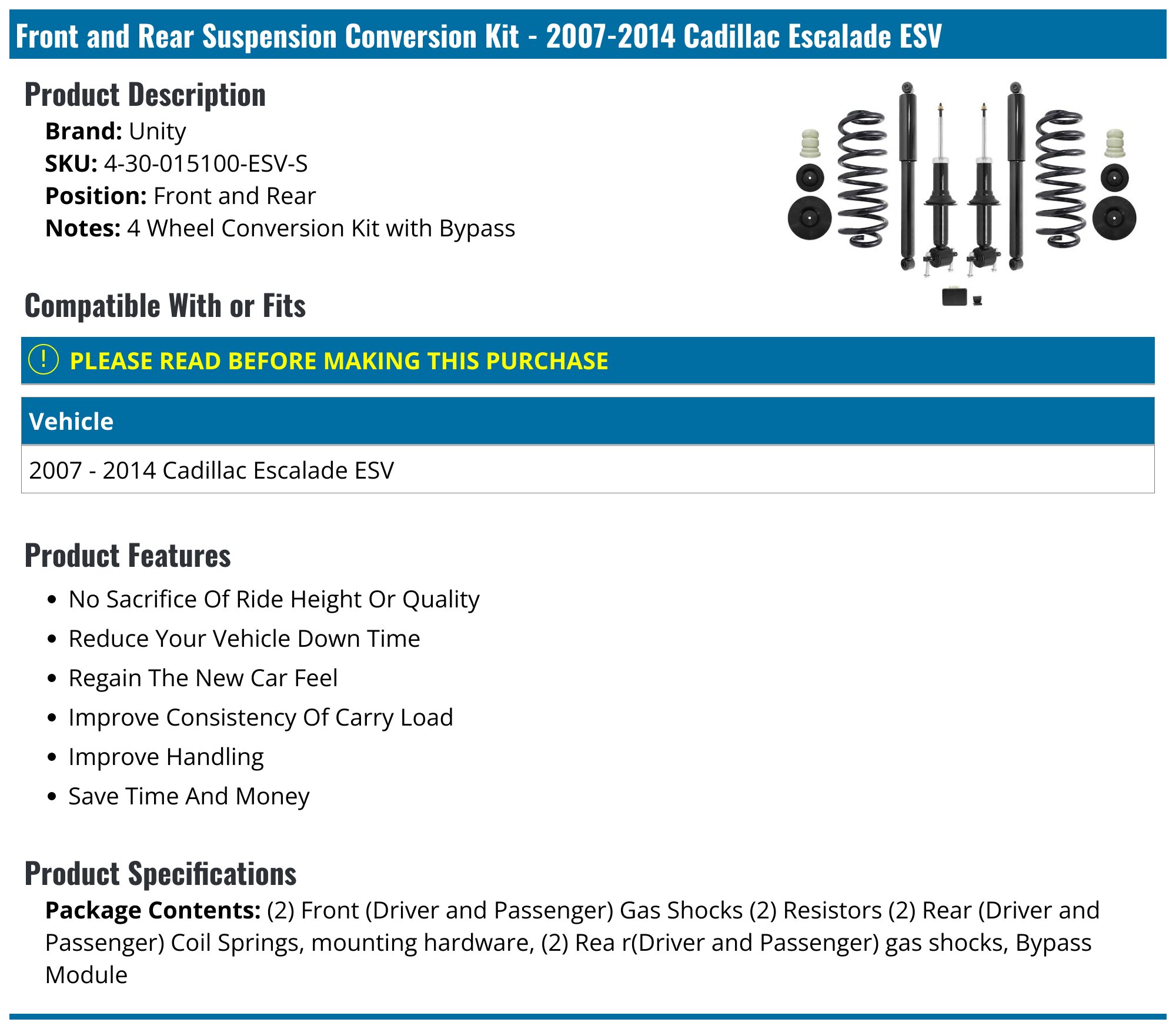 2007-2014 Cadillac Escalade ESV Suspension Conversion Kit - Unity 4-30 ...