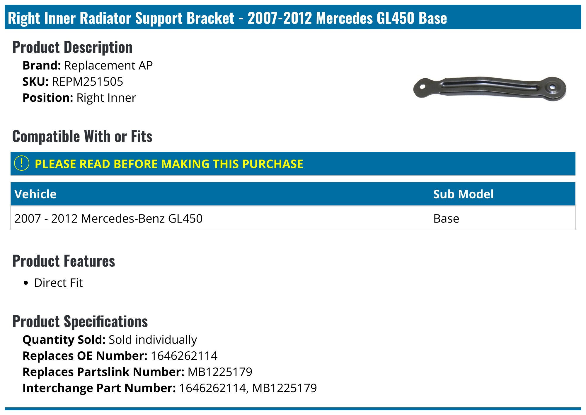 2007-2012 Mercedes GL450 Radiator Support Bracket - Replacement AP ...