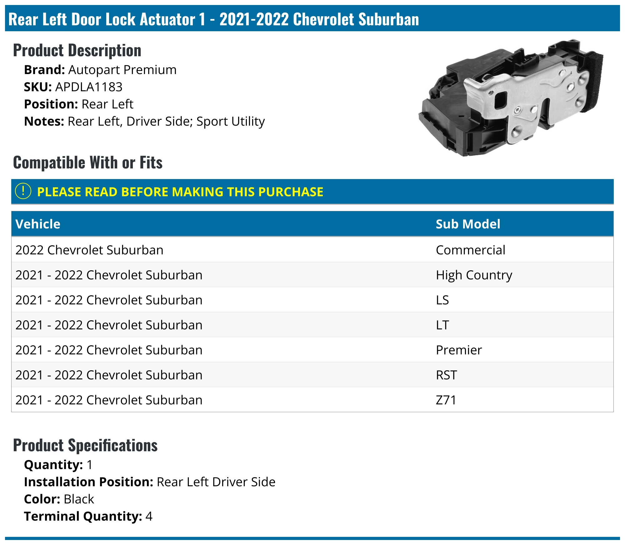 2021-2022 Chevrolet Suburban Door Lock Actuator - Autopart Premium ...