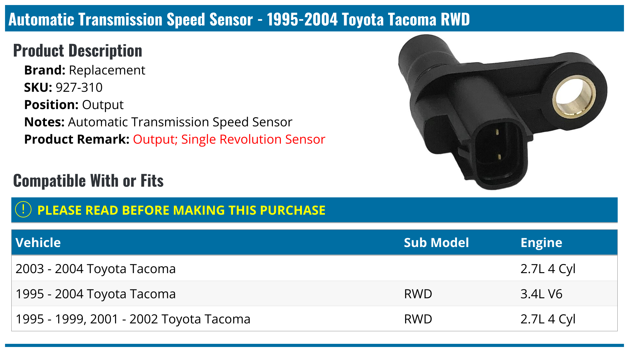 1995-2004 Toyota Tacoma Automatic Transmission Speed Sensor ...