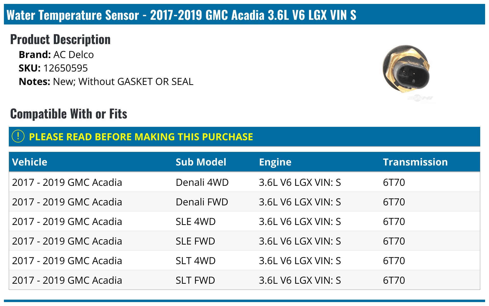 2017 2019 Gmc Acadia Water Temperature Sensor Ac Delco 12650595