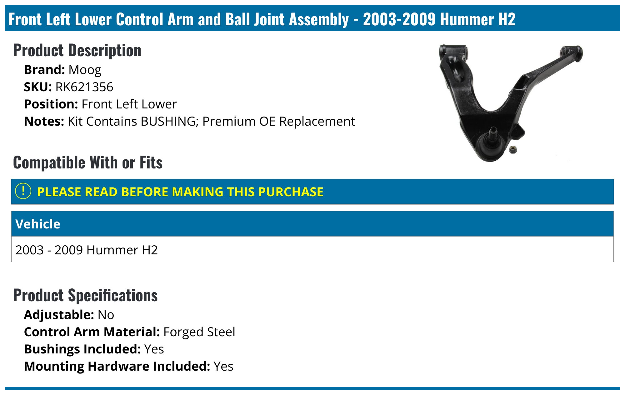 2003-2009 Hummer H2 Control Arm - Moog RK621356 - Front Left Lower ...
