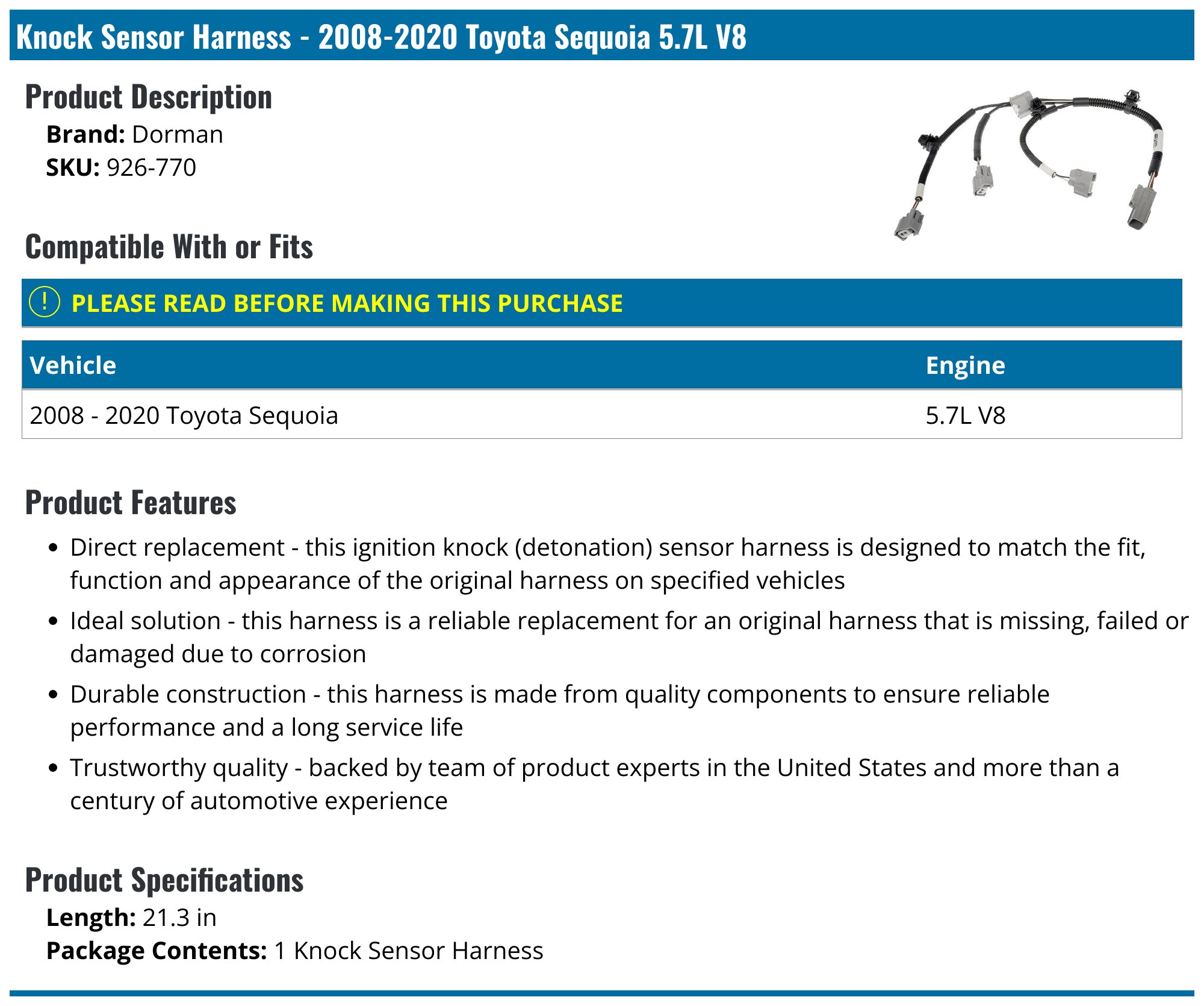 2008-2020 Toyota Sequoia Knock Sensor Harness - Dorman 926-770 ...