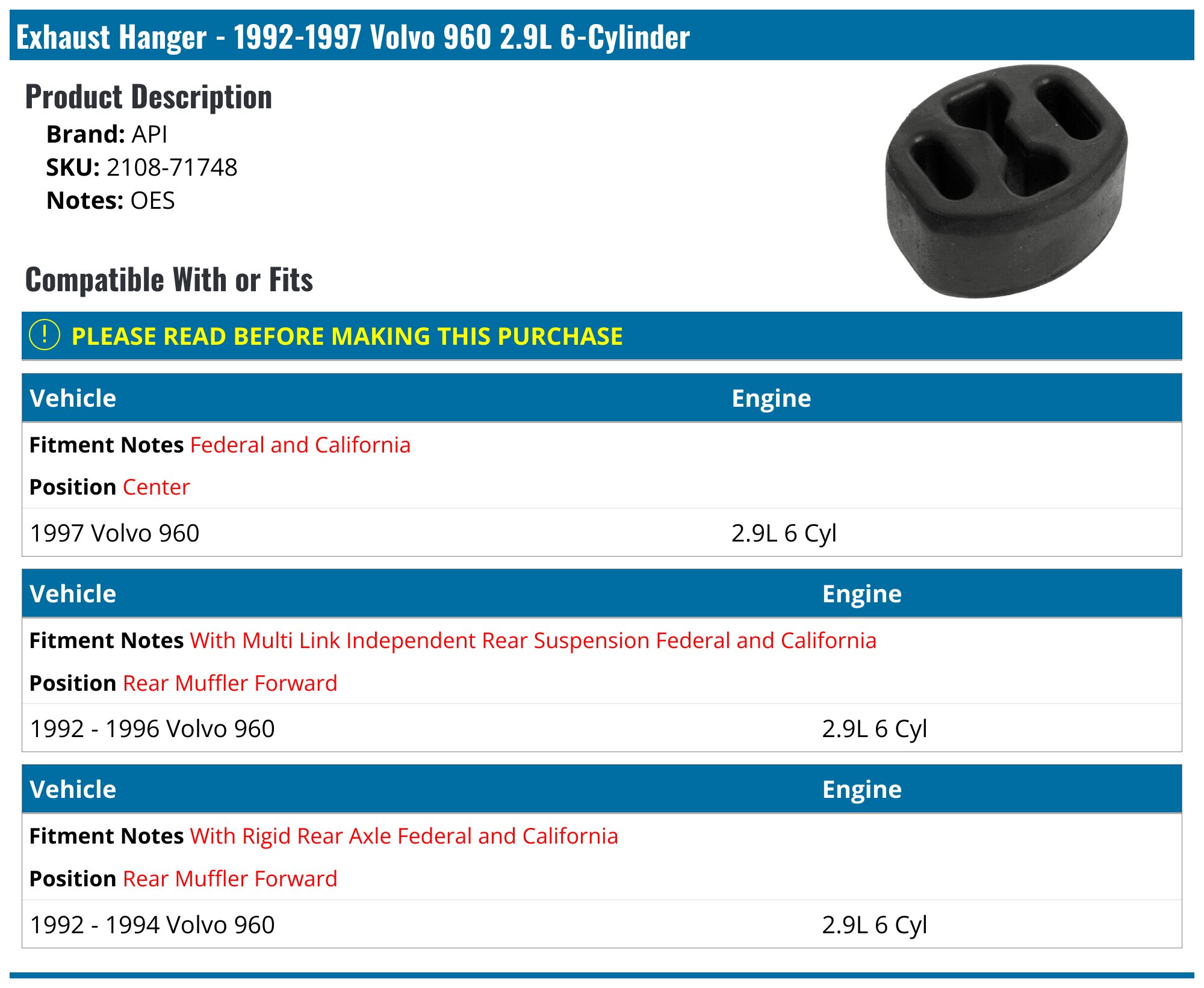 1992-1997 Volvo 960 Exhaust Hanger - API 849-07490693 - Rear Muffler ...