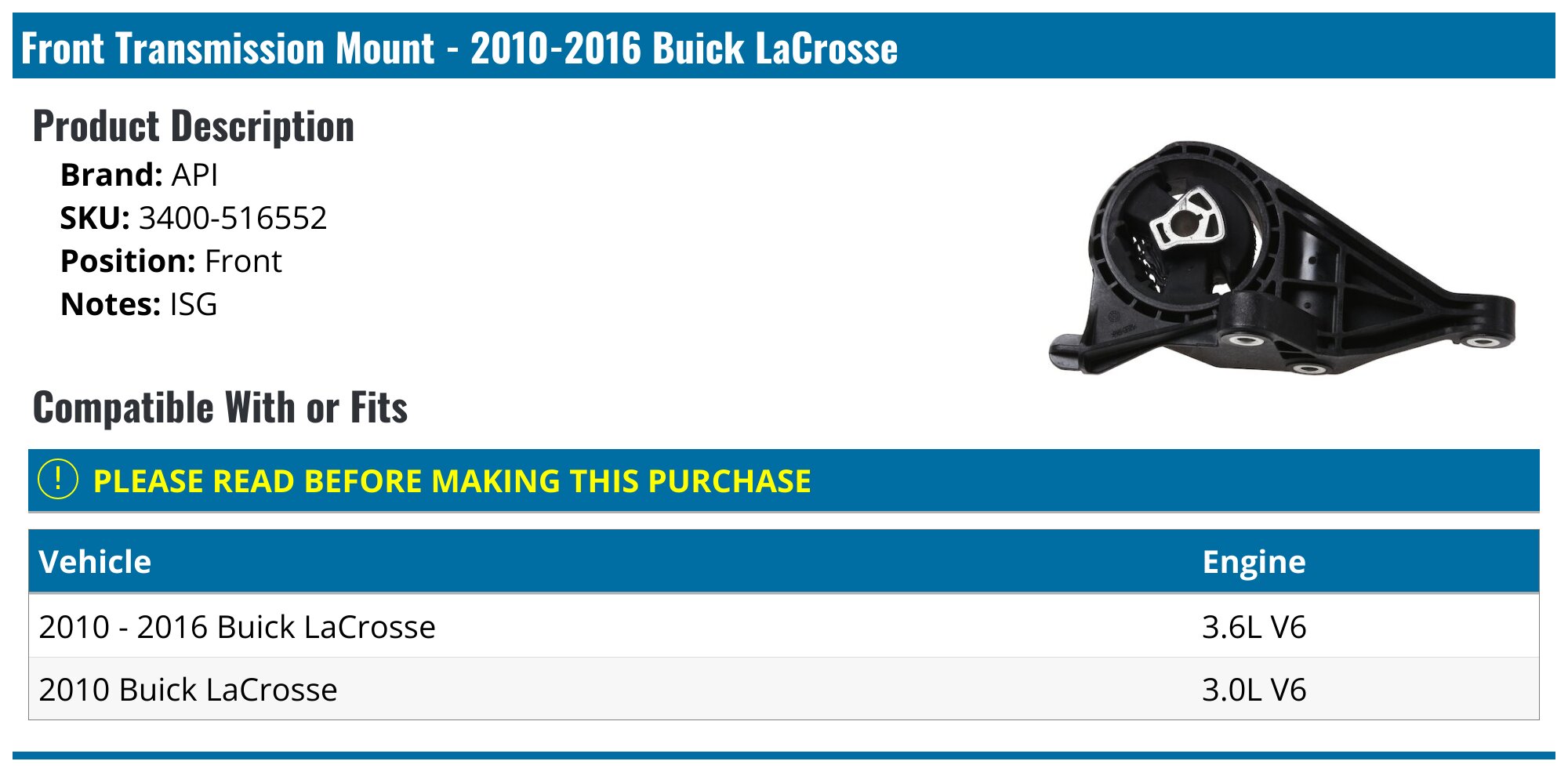 2010-2016 Buick LaCrosse Transmission Mount - API 30474-07934274 ...