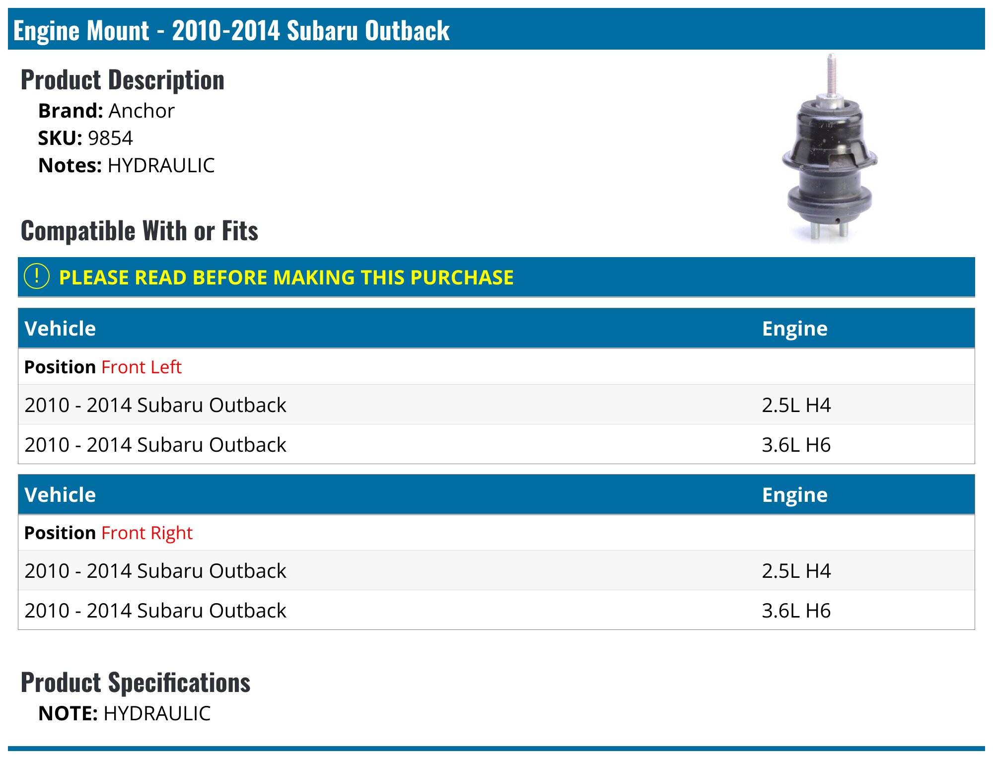 2010-2014 Subaru Outback Engine Mount - Anchor 9854 - Front Left ...
