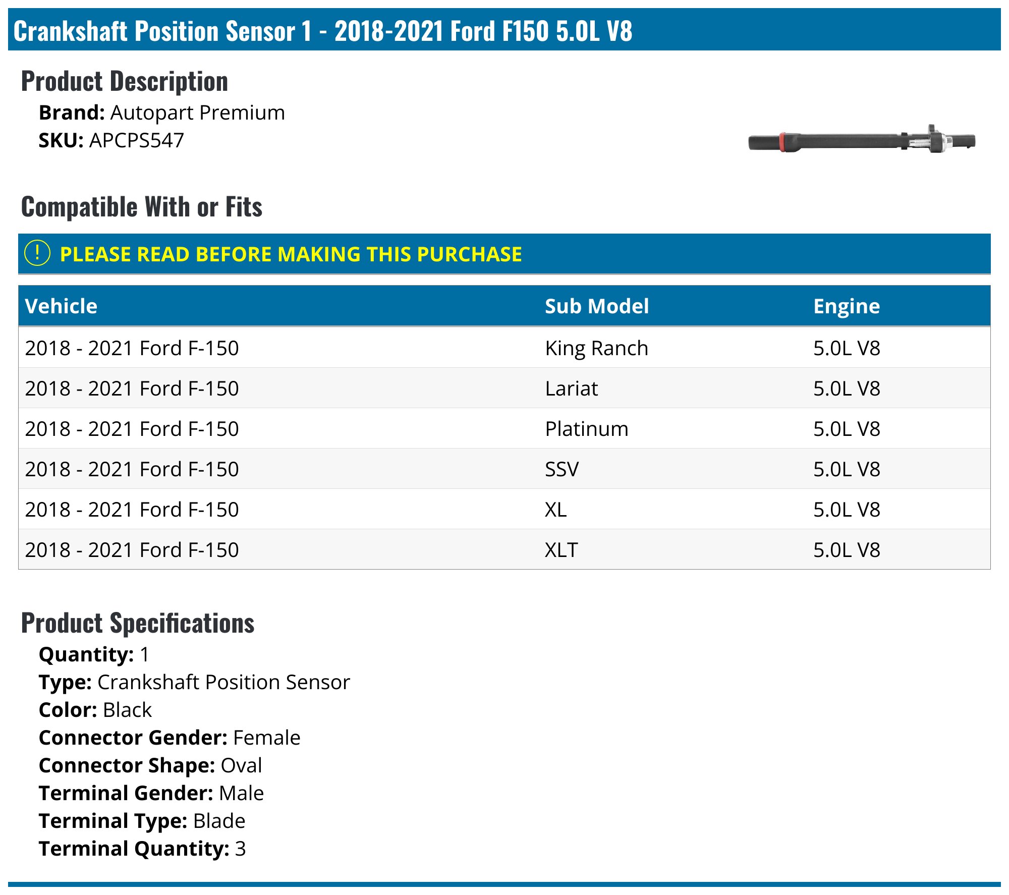 2018-2021 Ford F150 Crank Position Sensor - Autopart Premium APCPS547 ...