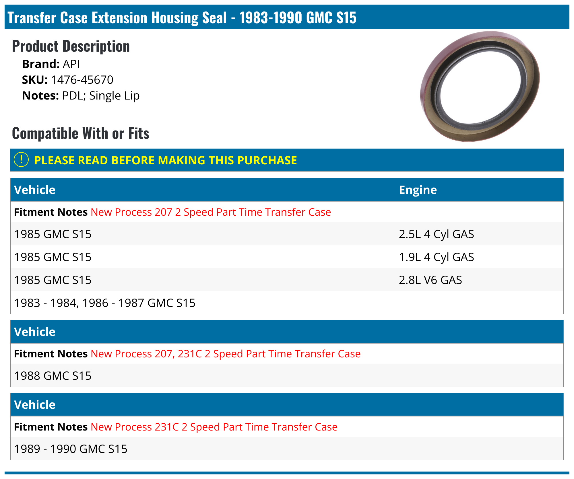 1983-1990 GMC S15 Transfer Case Extension Housing Seal - API 4194 ...