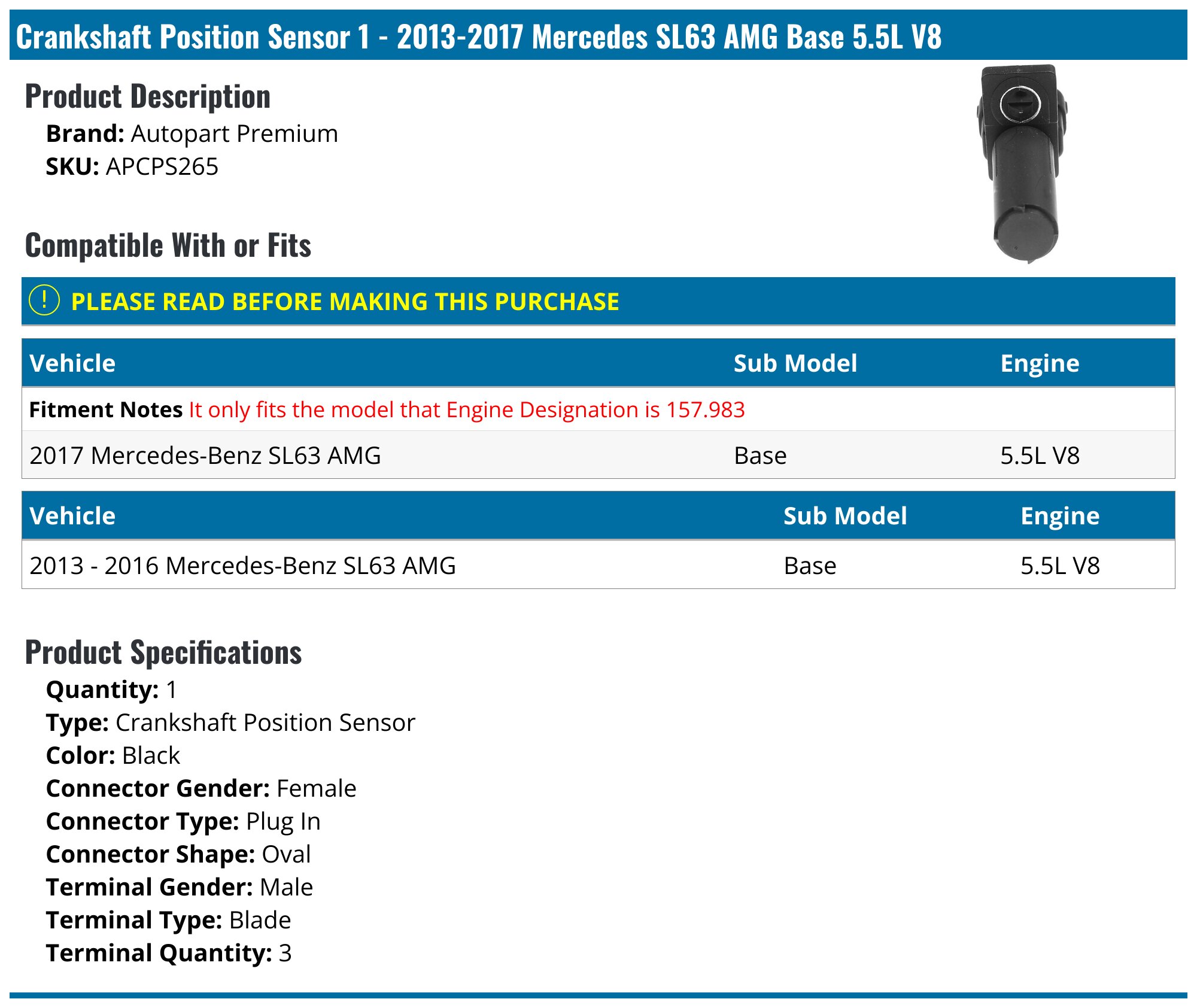 2013-2017 Mercedes SL63 AMG Crank Position Sensor - Autopart Premium ...