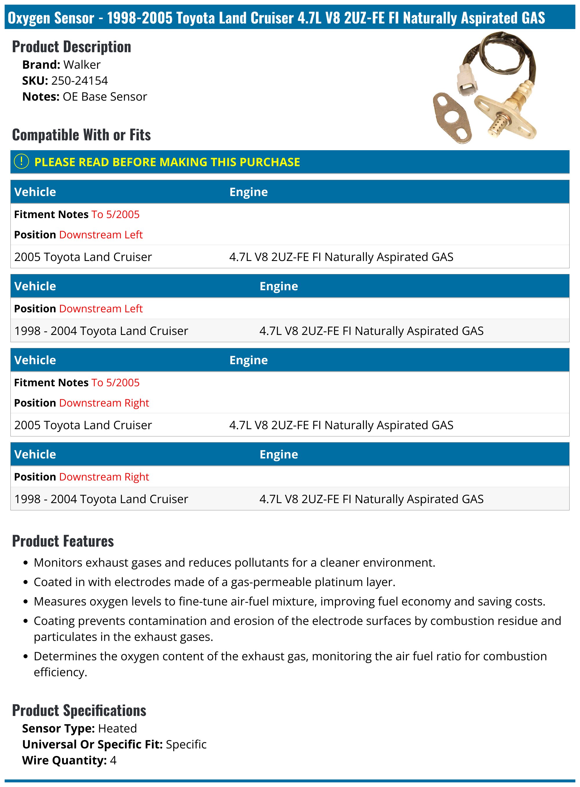1998-2005 Toyota Land Cruiser Oxygen Sensor - Walker 250-24154 ...