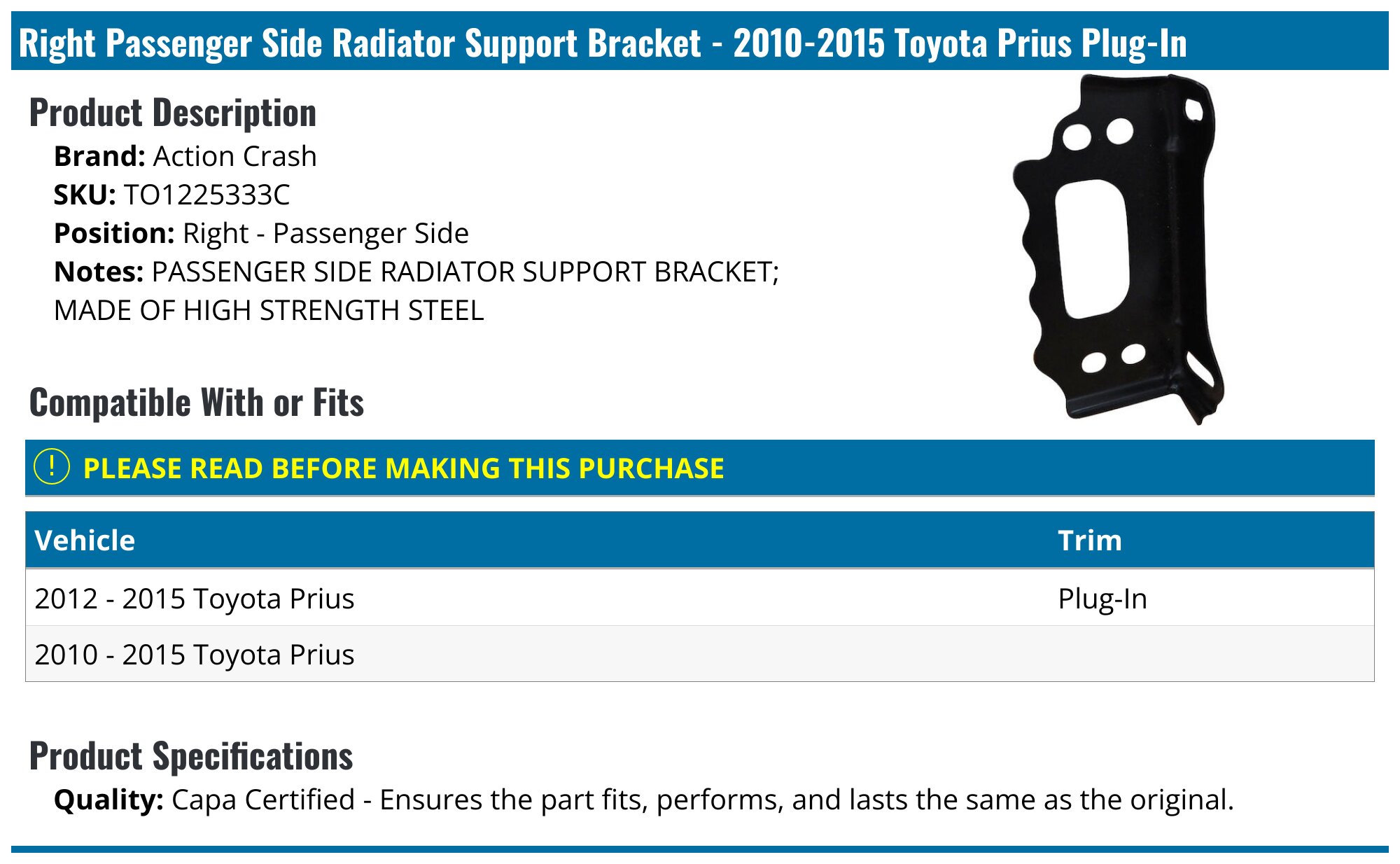 2010-2015 Toyota Prius Radiator Support Bracket - Action Crash ...