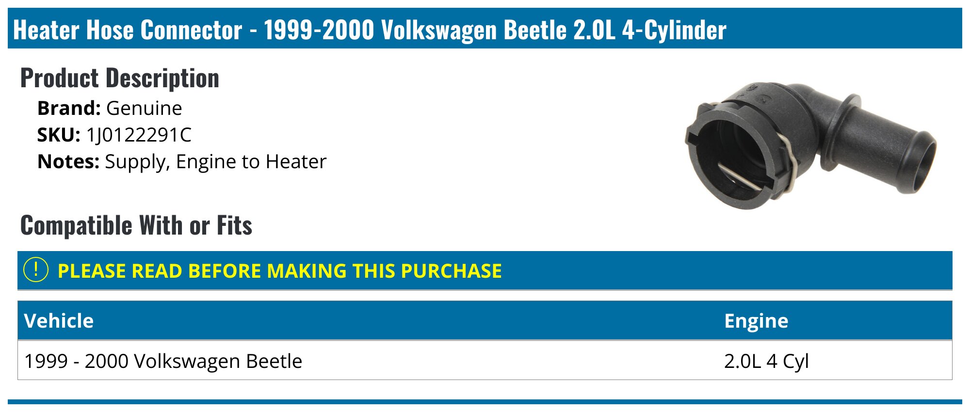 1999-2000 Volkswagen Beetle Heater Hose Connector - Genuine 1J0122291C ...